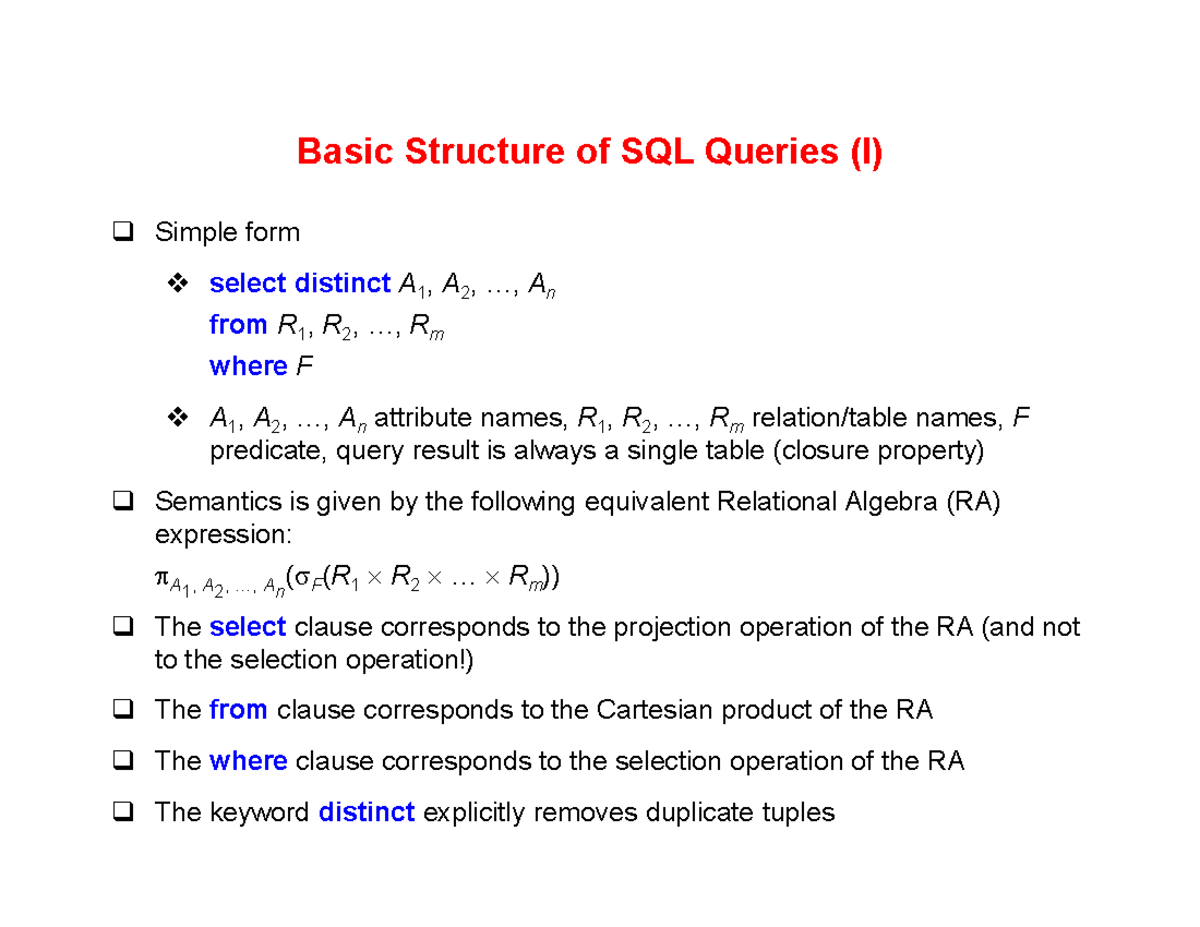 Lecture 12 - Dr. Markus Schneider - Basic Structure of SQL Queries (I ...