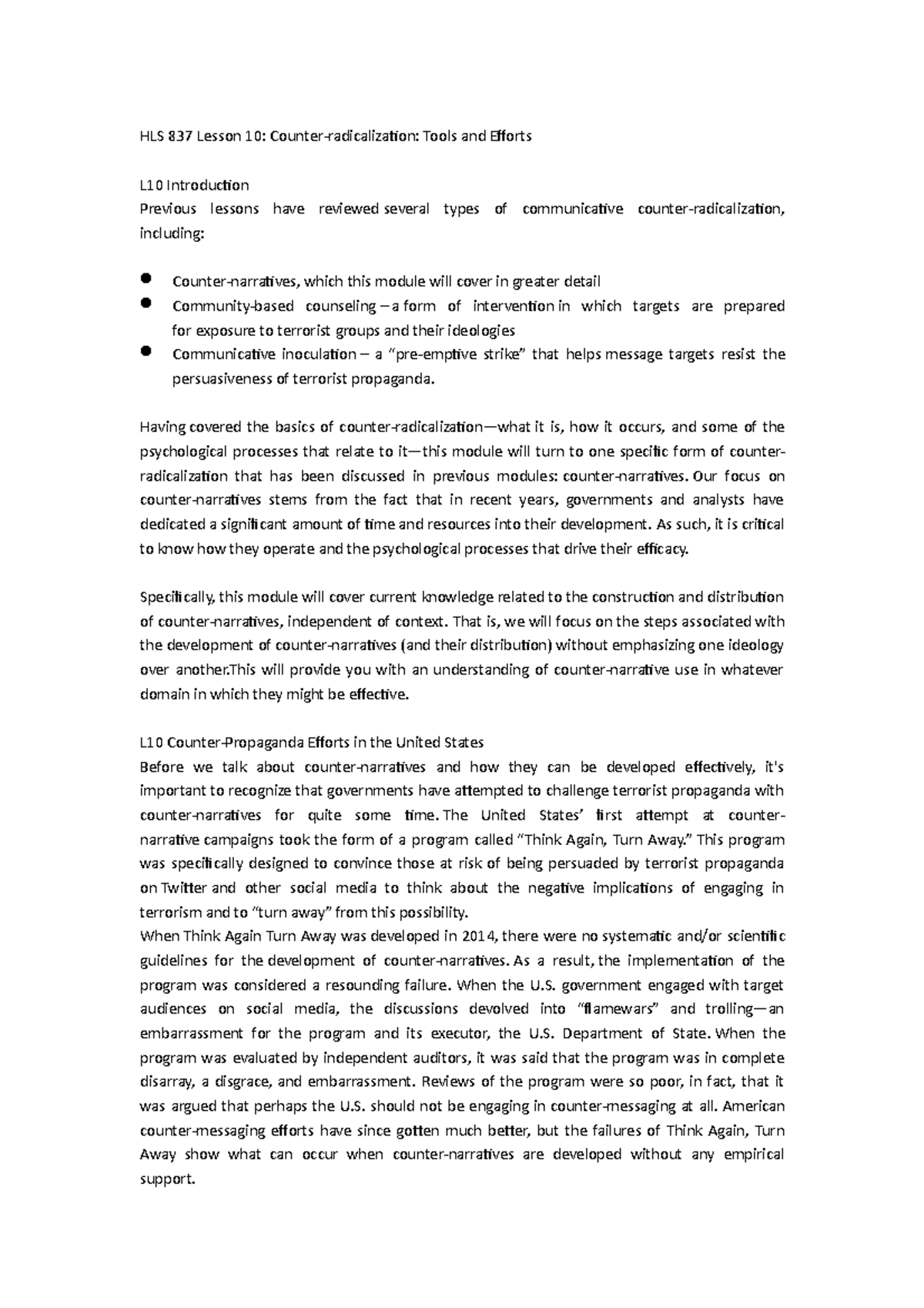 HLS 837 Lesson 10- Counter-radicalization- Tools and Efforts - HLS 837 ...