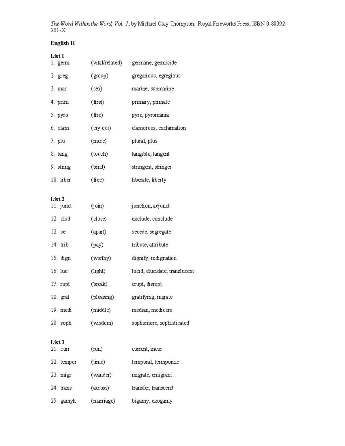 Stems List English II - The Word Within the Word, Vol. 1, by Michael ...