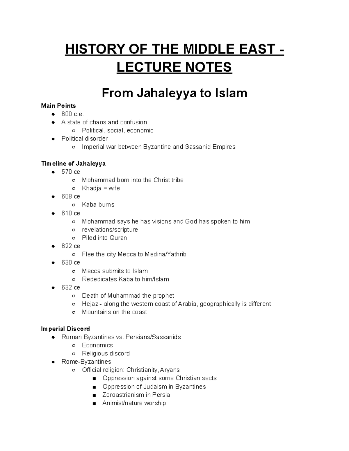 HIS 104 Lecture Notes - HISTORY OF THE MIDDLE EAST - LECTURE NOTES From ...