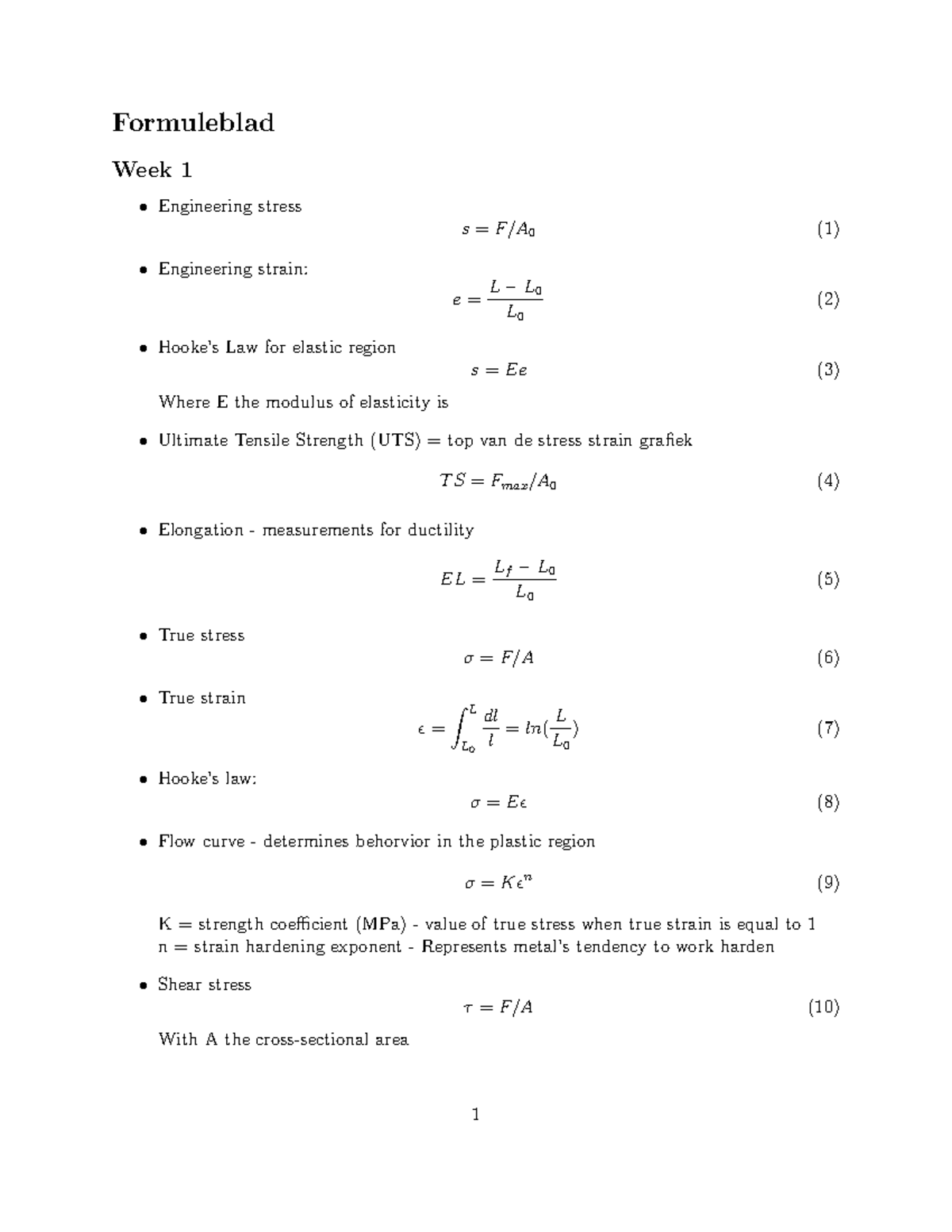 1CM160 Manufacturing technology - Formula sheet - Formuleblad Week 1 ...