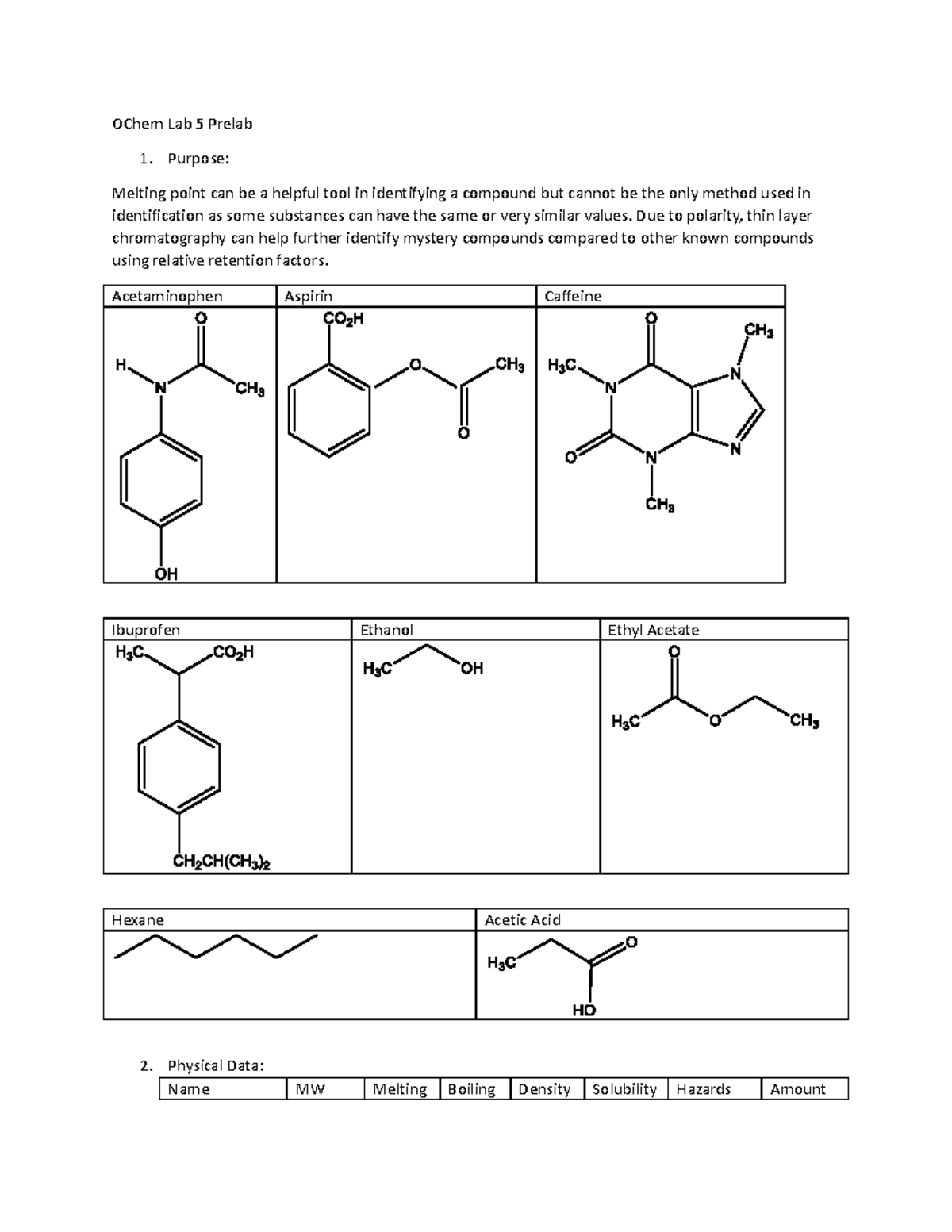OChem Lab 5 Prelab - OChem Lab 5 Prelab 1. Purpose: Melting point can ...