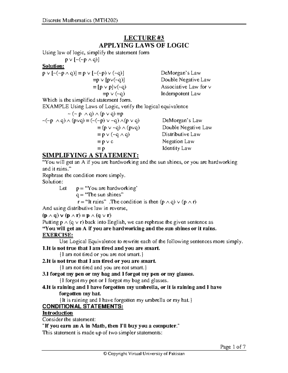 Lecture 3 - Solutions etc - Page 1 of 7 LECTURE APPLYING LAWS OF LOGIC Using law of logic ...