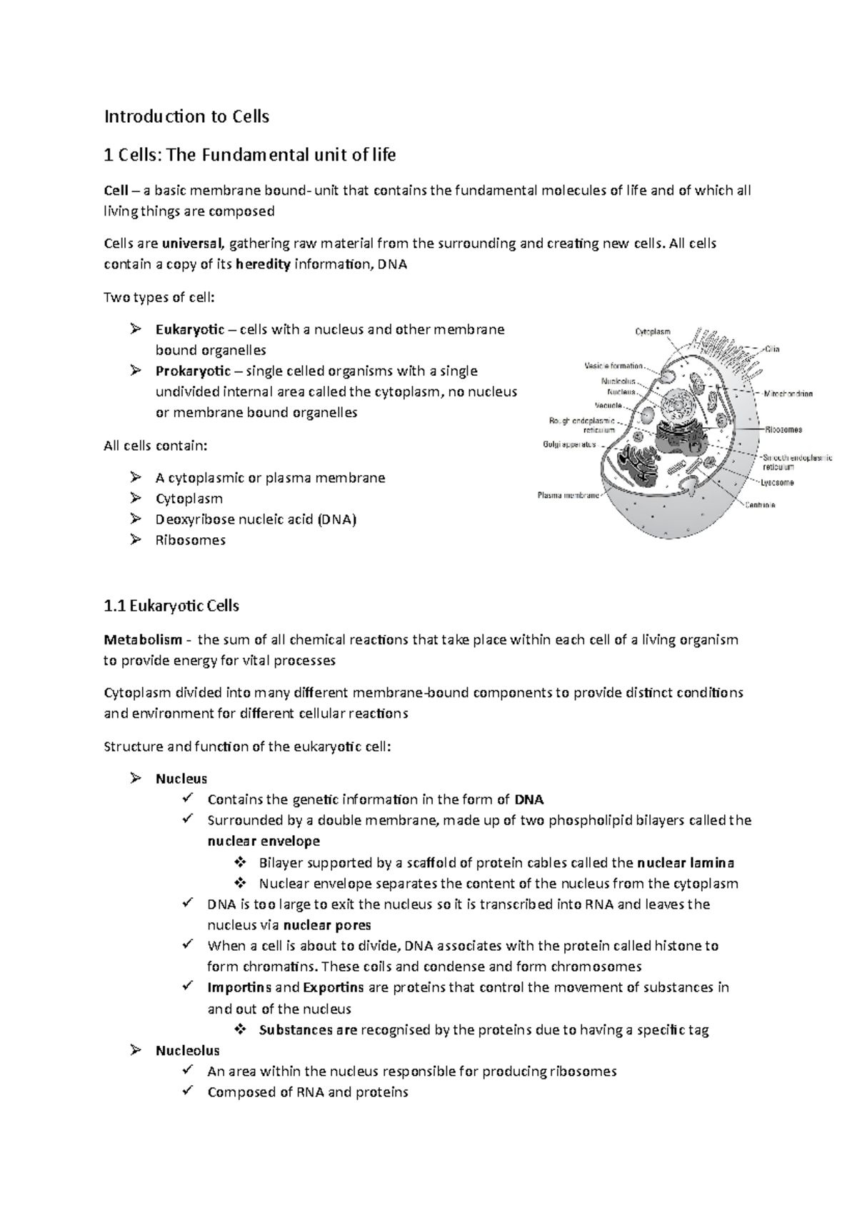 Week 1 - Notes of lecture of week 1 - Introduction to Cells 1 Cells ...
