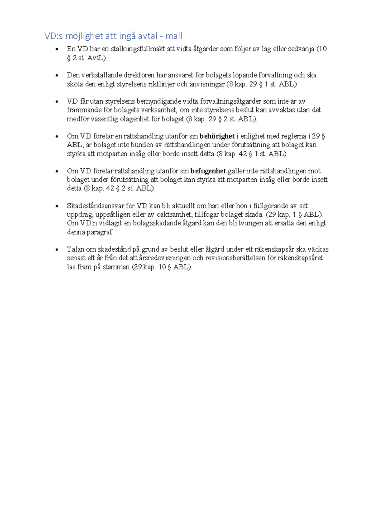 Mall för att bedöma VD:s möjlighet att ingå avtal - VD:s möjlighet att ingå avtal - mall En VD ...