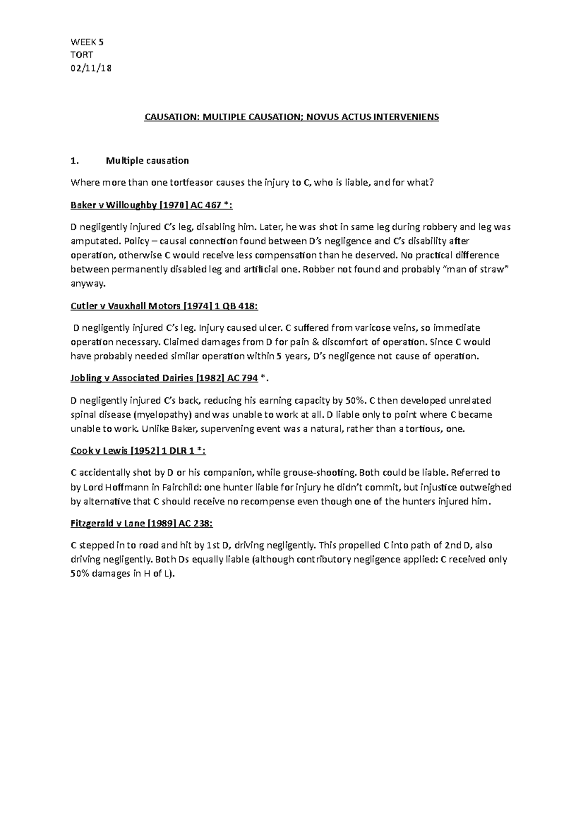 Week 5 Tort Causation: Multiple Novus Actus Interveniens - Studocu