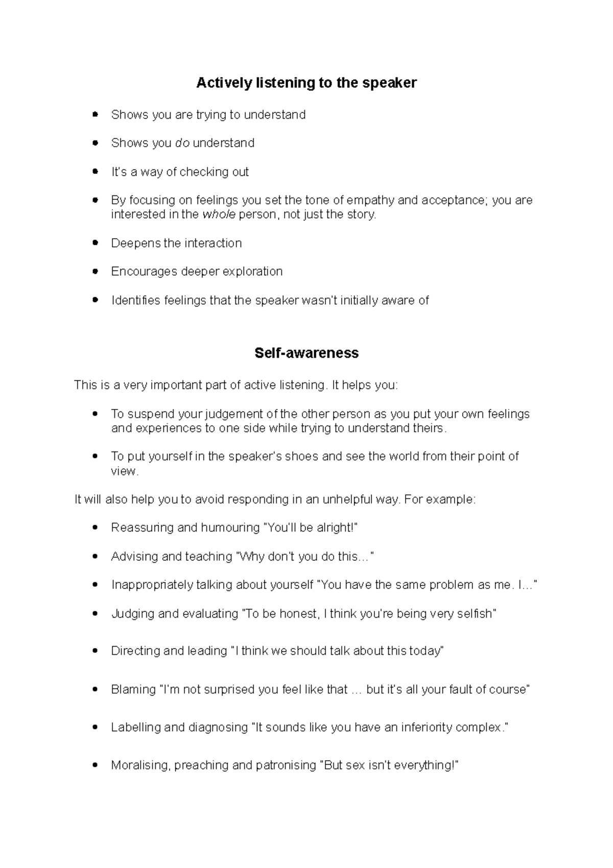 Active listening and self-awareness handout - Actively listening to the ...