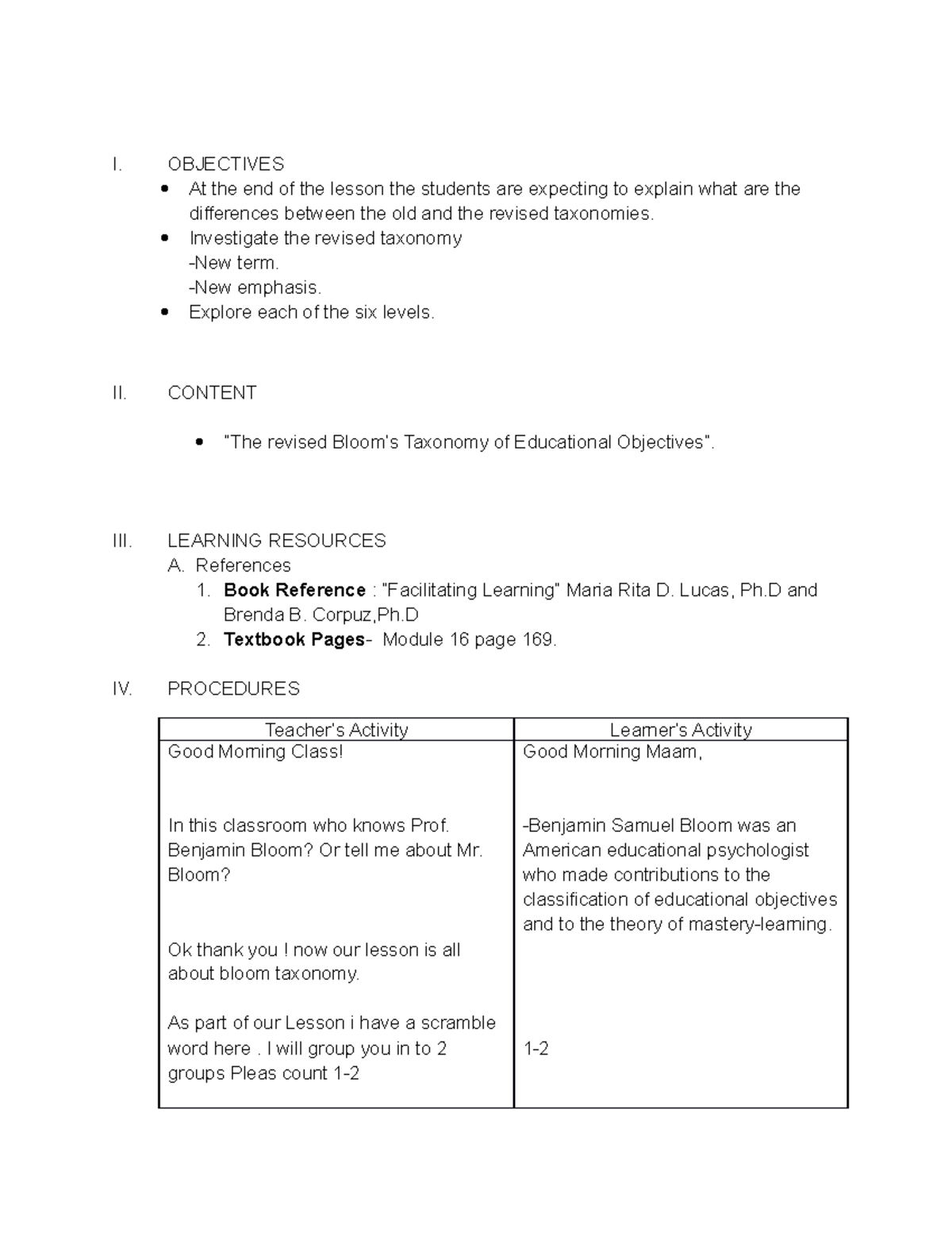 Lesson plan blooms taxonomy 2 - I. OBJECTIVES At the end of the lesson ... Lesson plan blooms taxonomy 2 - I. OBJECTIVES At the end of the lesson ...