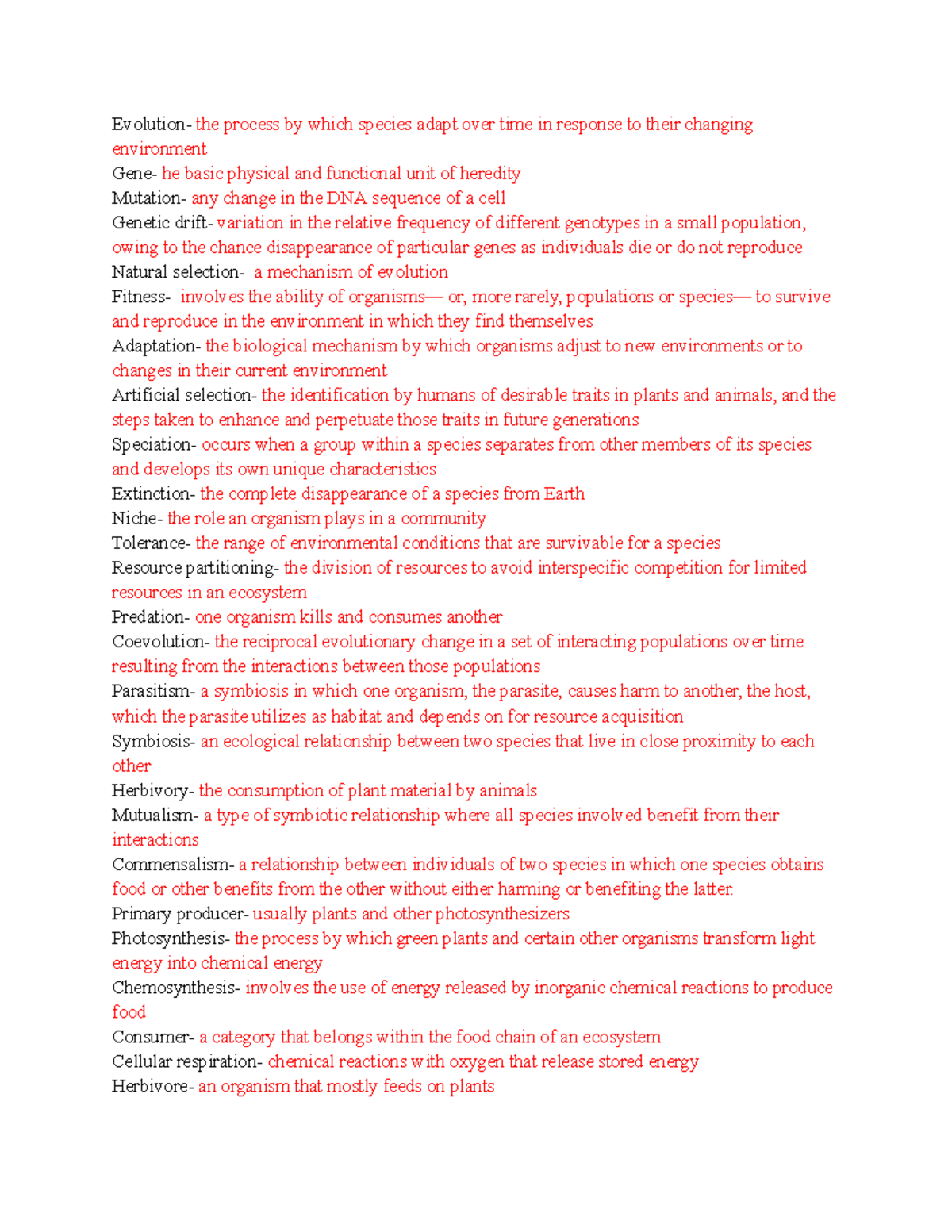 Unit 2 Vocabulary - Evolution- the process by which species adapt over ...