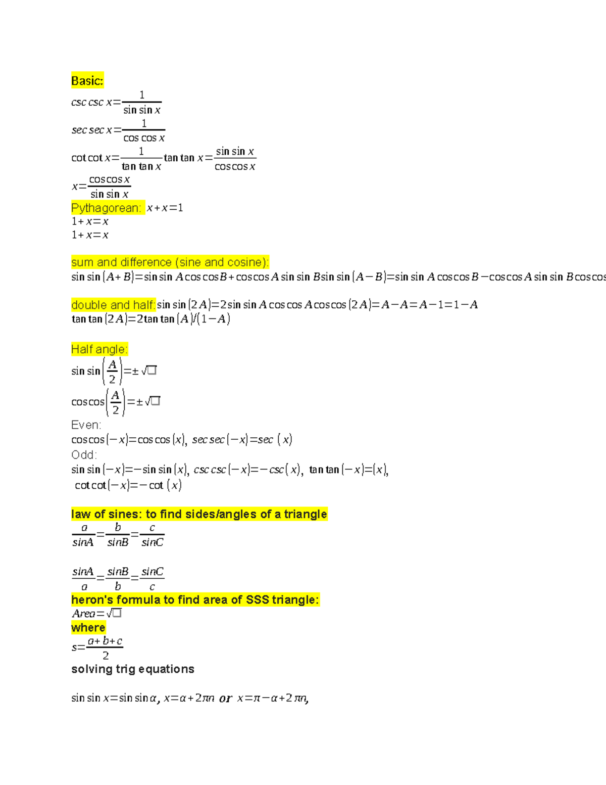 Exam3 formulas - Helpful exam notes - Basic: csc csc x= 1 sin sin x sec ...