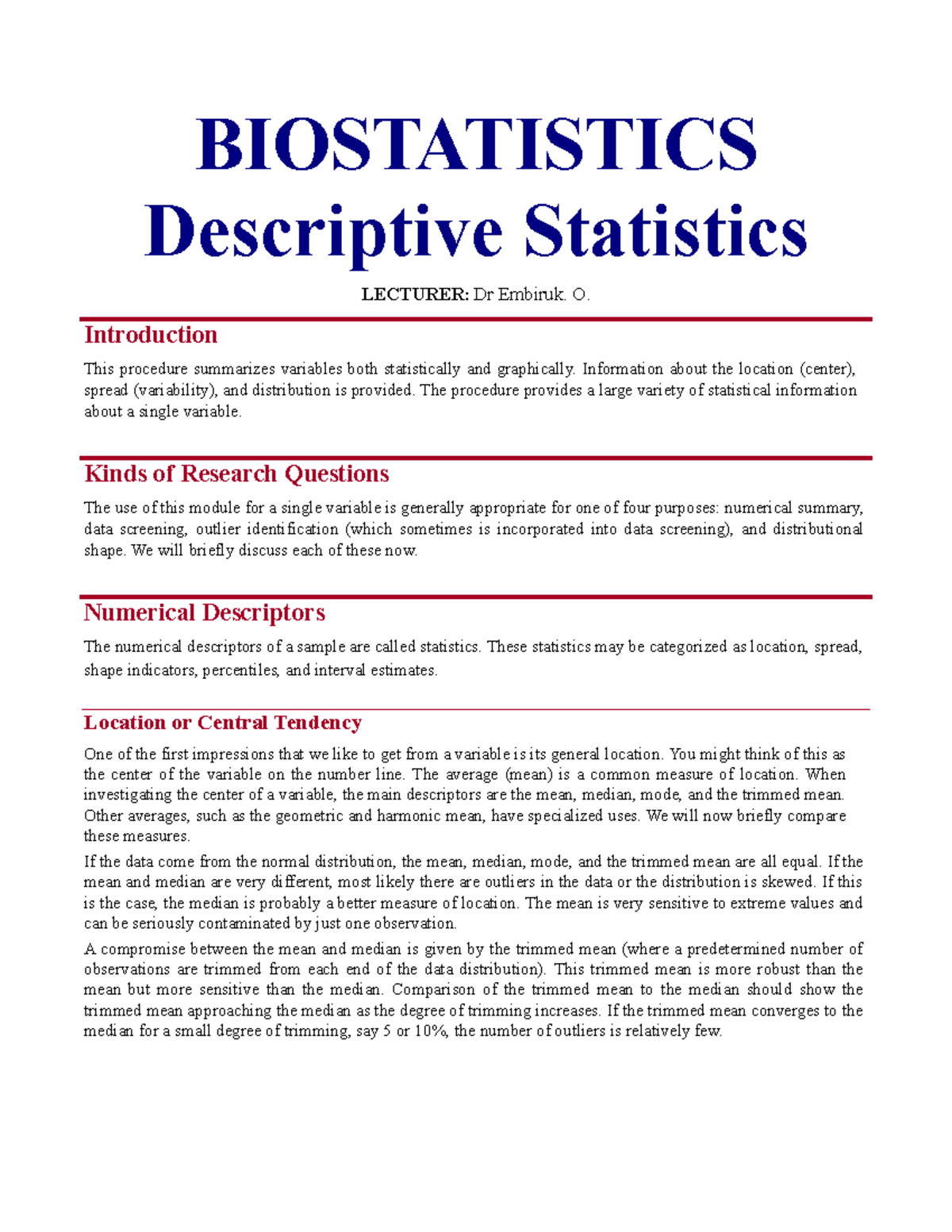 Lesson Descriptive Statistics - BIOSTATISTICS Descriptive Statistics ...