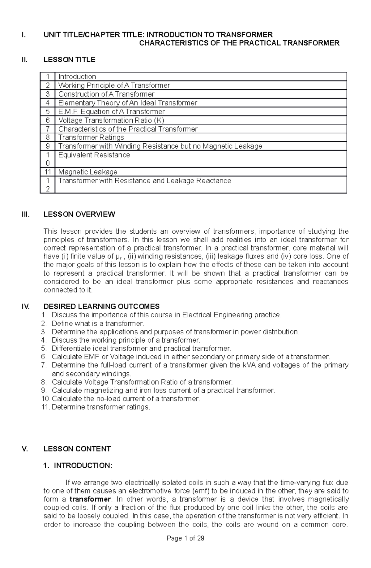 Electrical Transformers-1 - I. UNIT TITLE/CHAPTER TITLE: INTRODUCTION ...