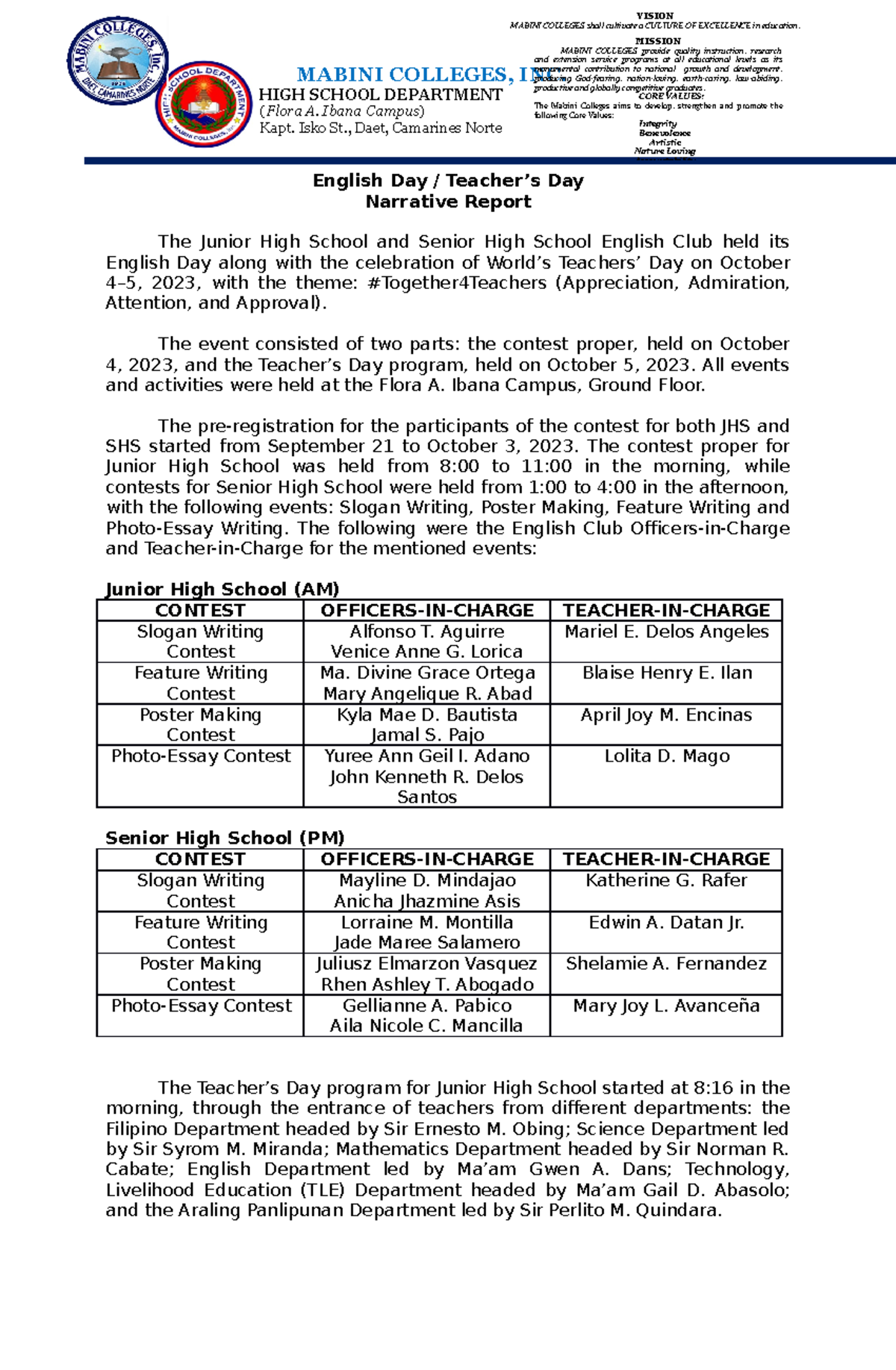 Eng Day TD - Narrative Report Format - MABINI COLLEGES, INC. HIGH ...