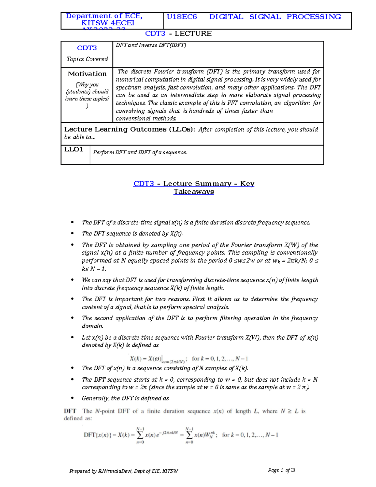 DSP CDT3 Sumry 4ECI - Important - CDT Topics Covered DFT and Inverse DFT(IDFT) Motivation (Why ...