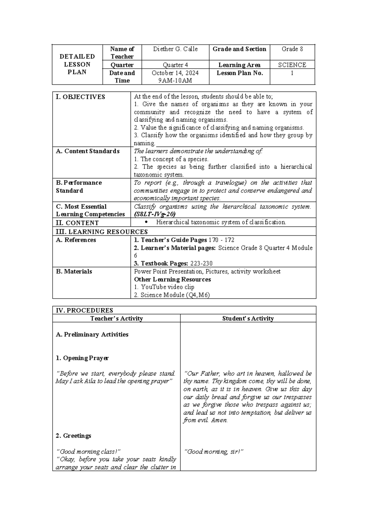 Detailed Lesson PLAN - DETAILED LESSON PLAN Name of Teacher Diether G ...