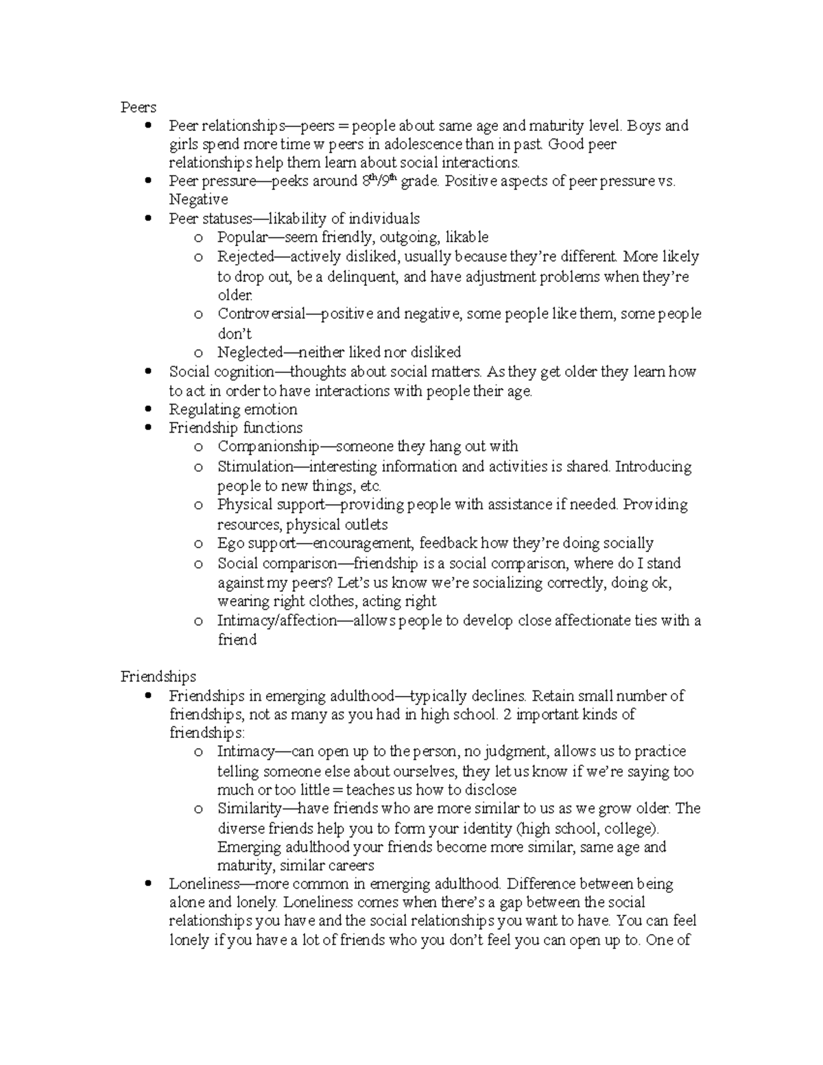 Adolescence Exam 3 - Lecture notes 9-12 - Peers Peer relationships ...