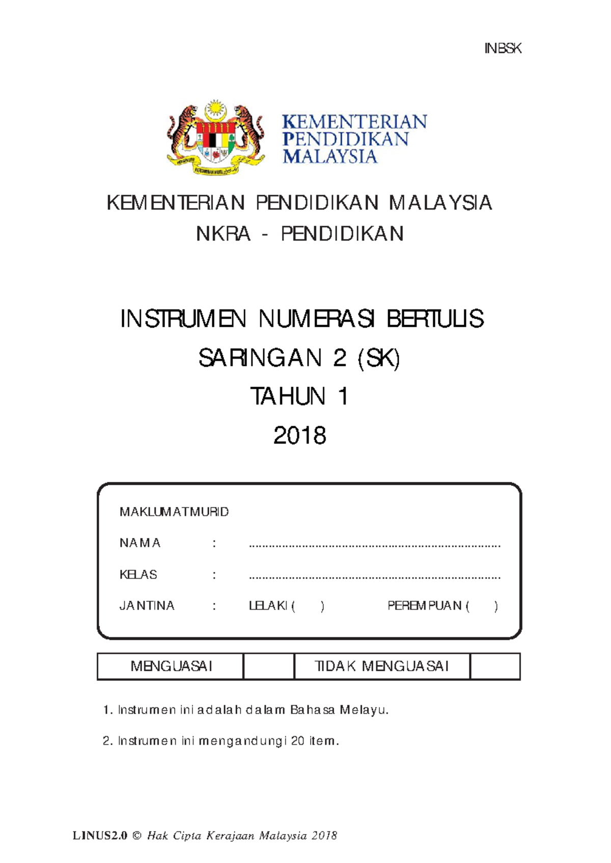 4- Instrumen Numerasi Bertulis SK Saringan 2 THN 1 2018 - Instrumen ...