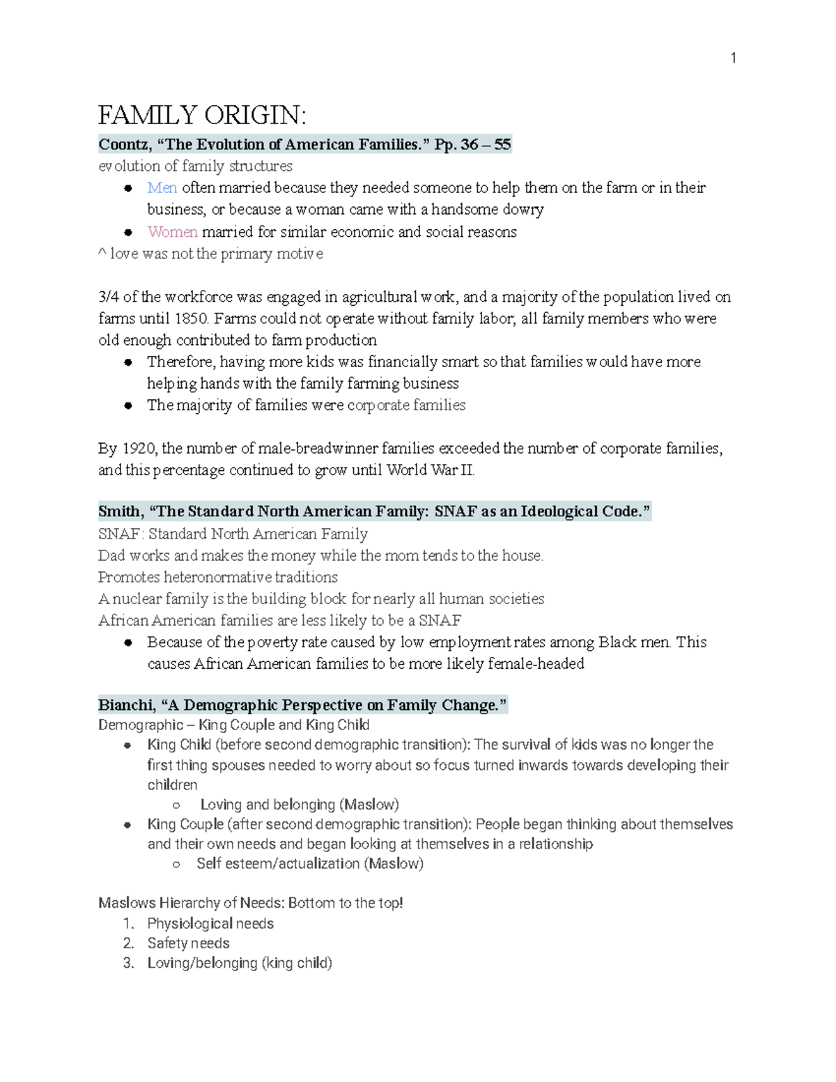 SOF final class notes and reading summaries - FAMILY ORIGIN: Coontz ...