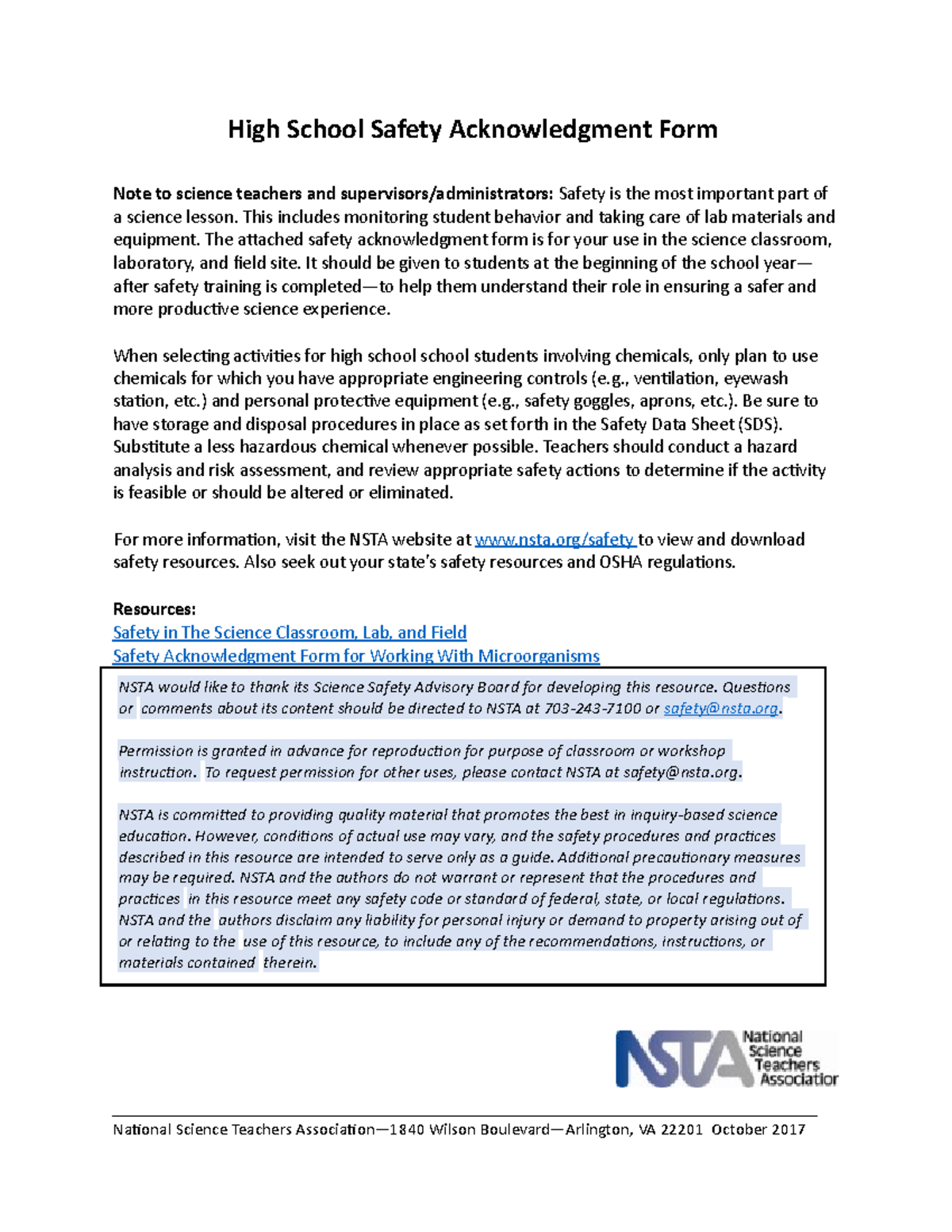 Safety Acknowledgment Form-High School - HPE 5247 - UNI - Studocu