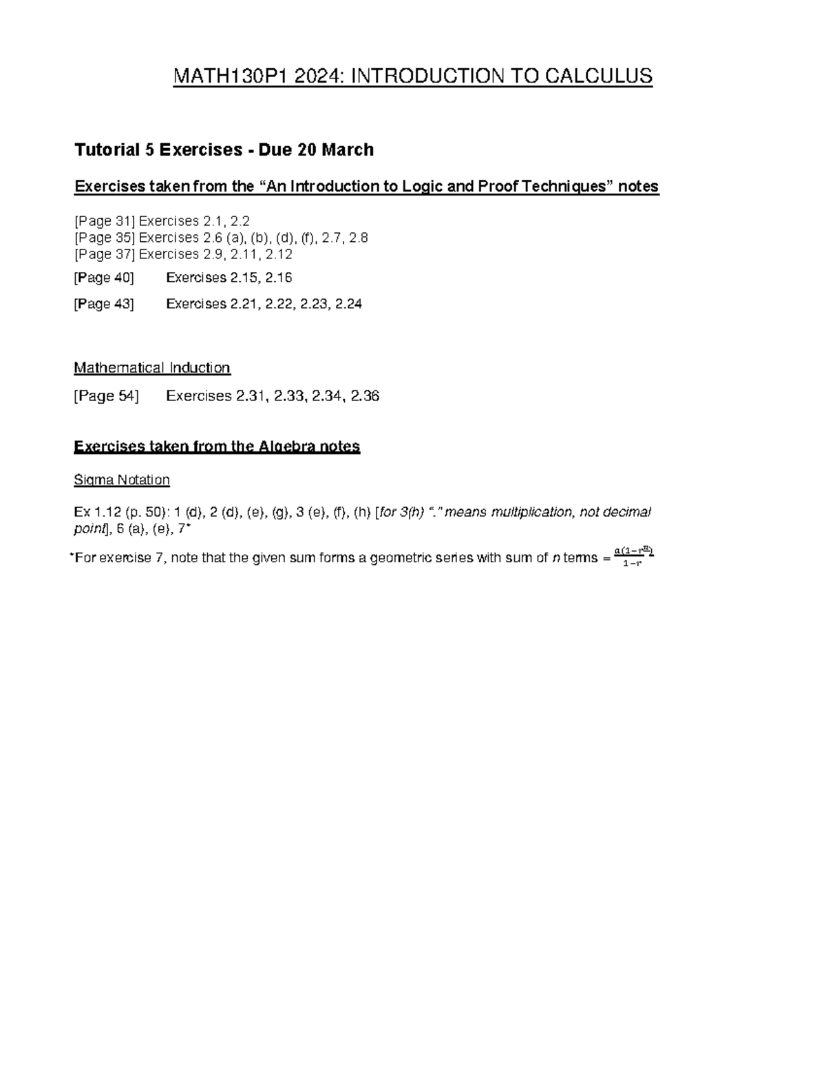 MATH130 P1 2024 Tutorial 5 - MATH130P1 2024: INTRODUCTION TO CALCULUS ...