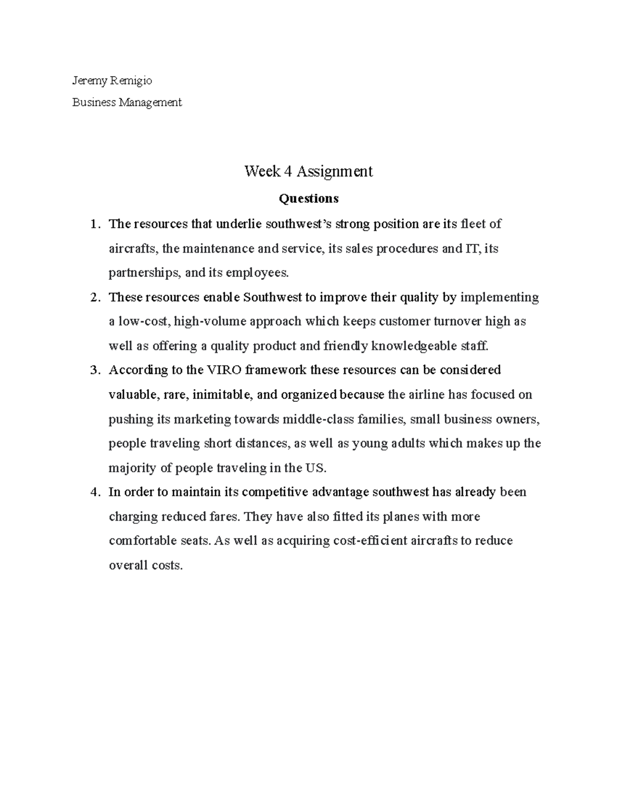 Week 4 Assignment - Week 4 Business management - Jeremy Remigio Business Management Week 4 - Studocu