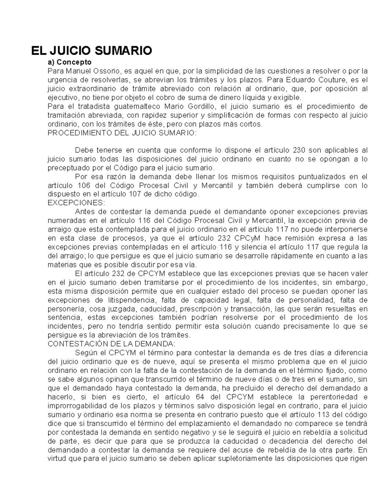 EL Juicio Sumario - EL JUICIO SUMARIO a) Concepto Para Manuel Ossorio ...