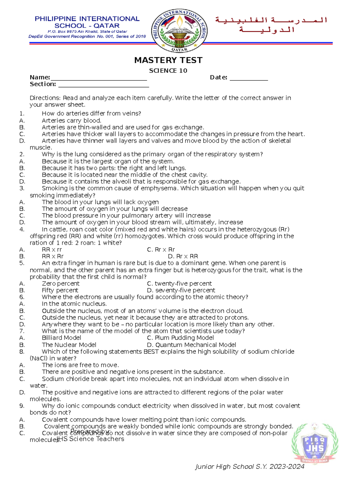 Diagnostic Test- Science 10 for students - MASTERY TEST SCIENCE 10 ...