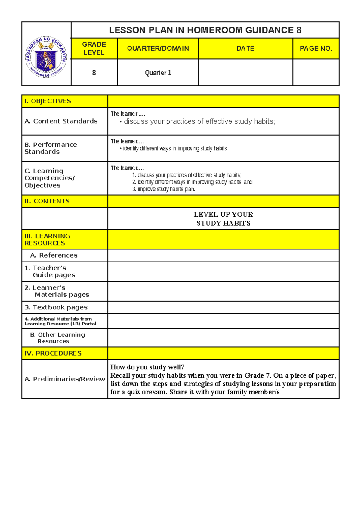 Homeroom Guidance Q1 Module 1 LP - LESSON PLAN IN HOMEROOM GUIDANCE 8 ...