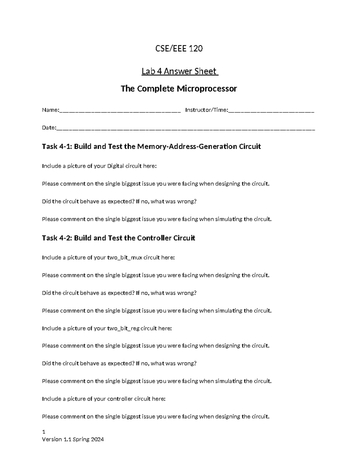 Lab4 Template - CSE/EEE 120 Lab 4 Answer Sheet The Complete Microprocessor - Studocu