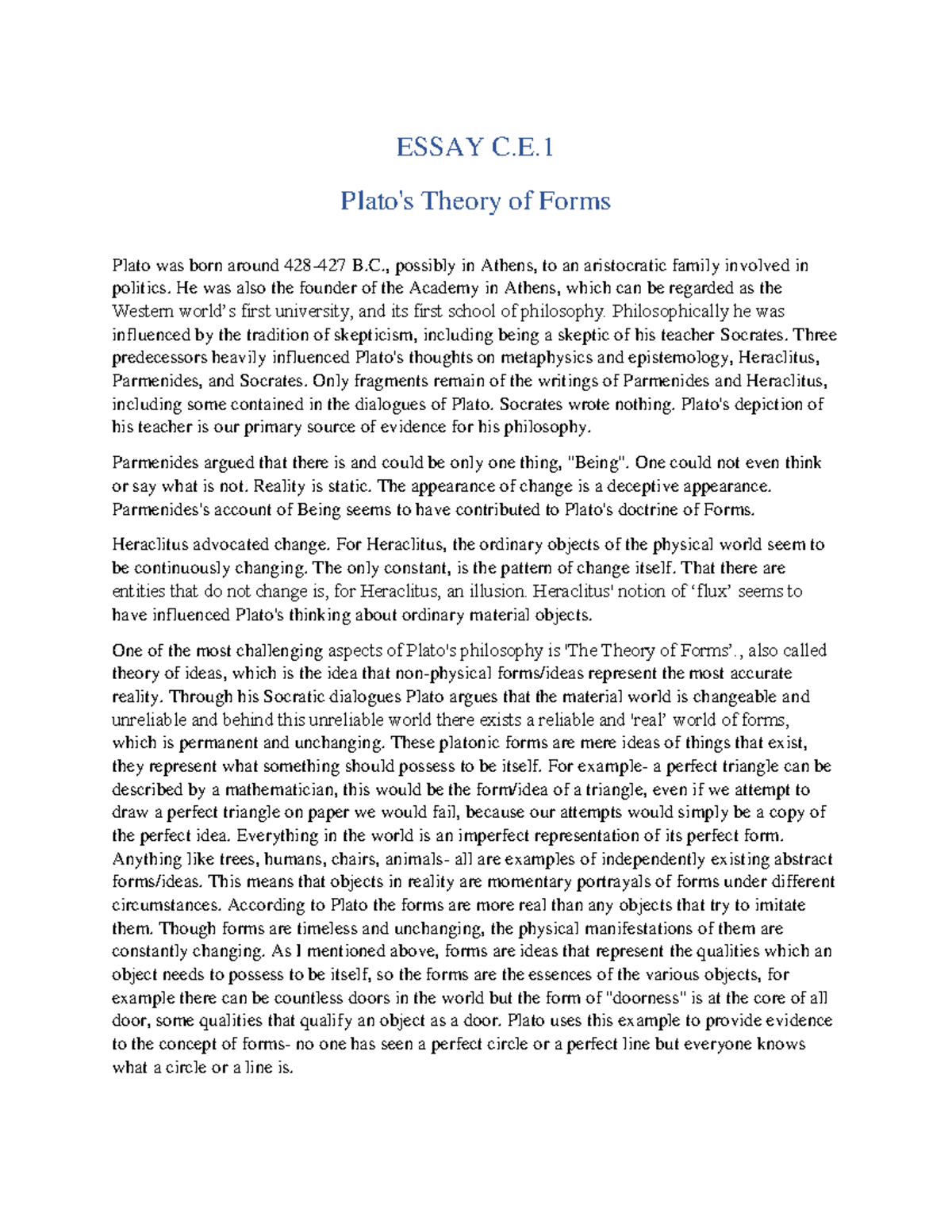 C.E.1. Essay- Plato's Theory of Forms - ESSAY C. Plato's Theory of ...