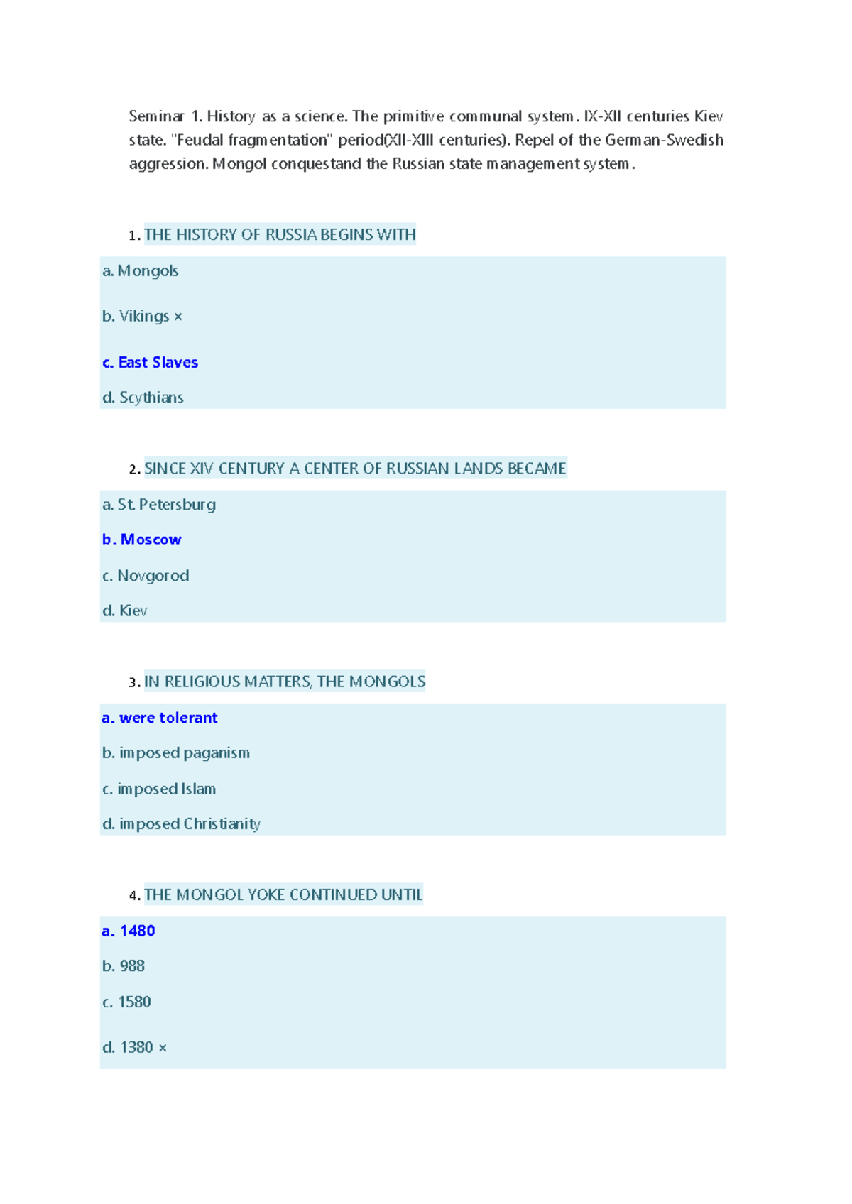 History test questions - Seminar 1. History as a science. The primitive ...