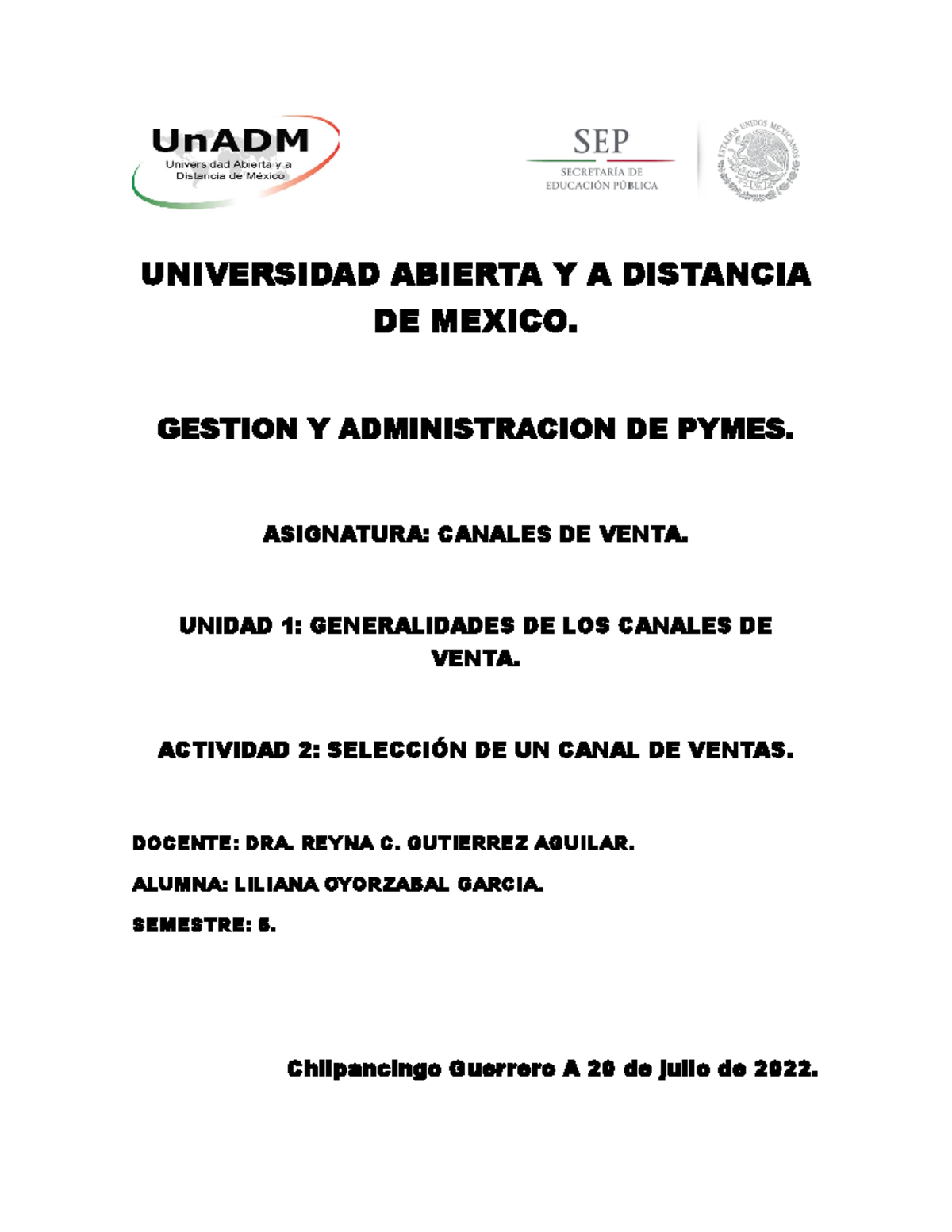 GCAV ACT - unidad 1 actividad 2 canales de venta - UNIVERSIDAD ABIERTA ...