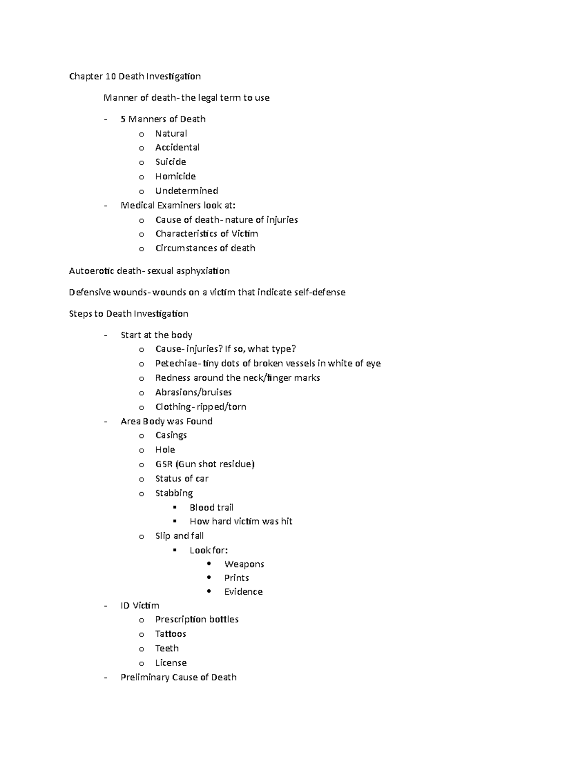 Chapter 10 notes - Chapter 10 Death Investigation Manner of death- the ...