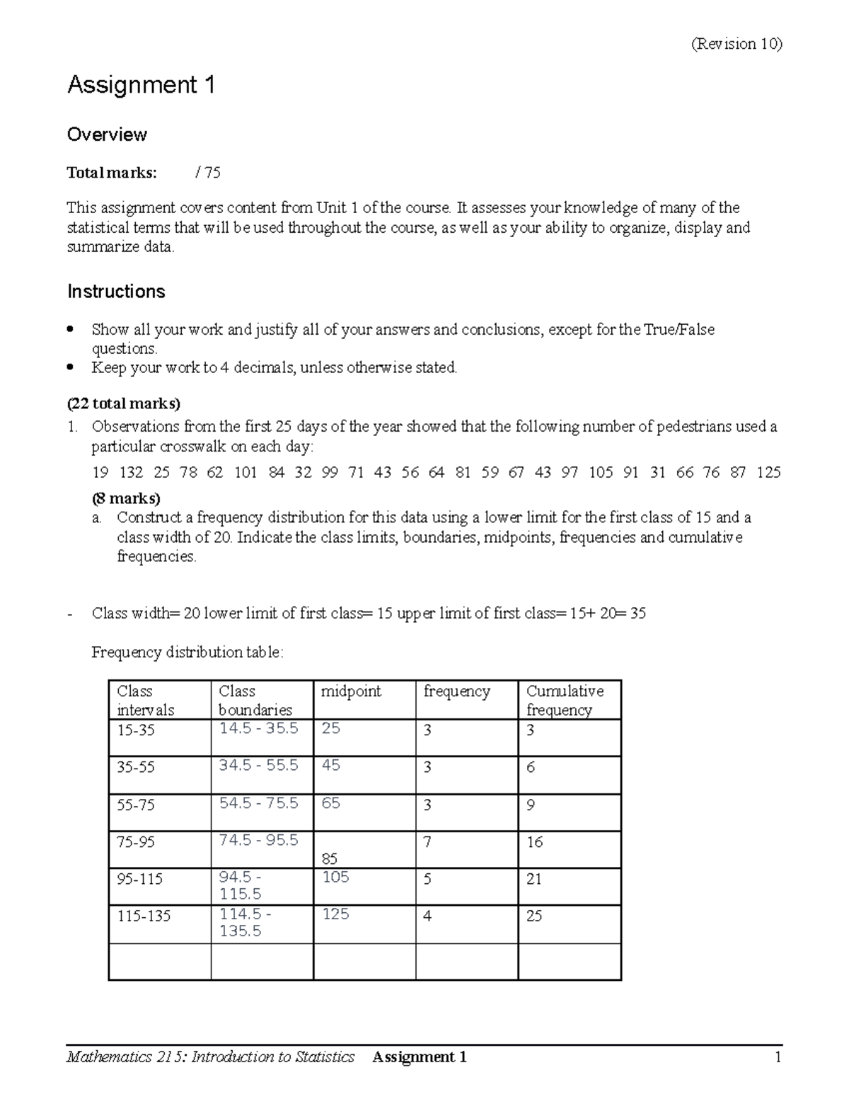 Math 215 assignment 1 - answers - Assignment 1 Overview Total marks: / 75 This assignment covers ...