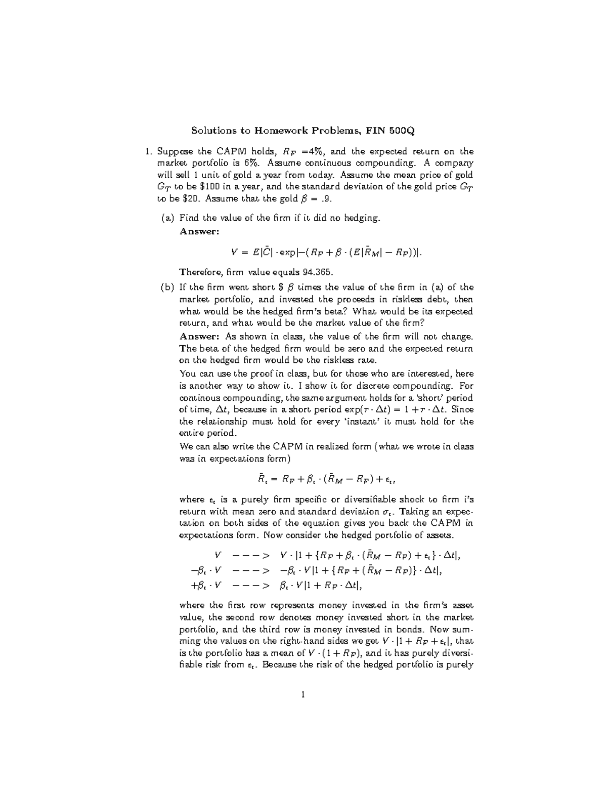 Spring 2022 HW1 Solution - Solutions to Homework Problems, FIN 500Q Suppose the CAPM holds,RF =4 ...