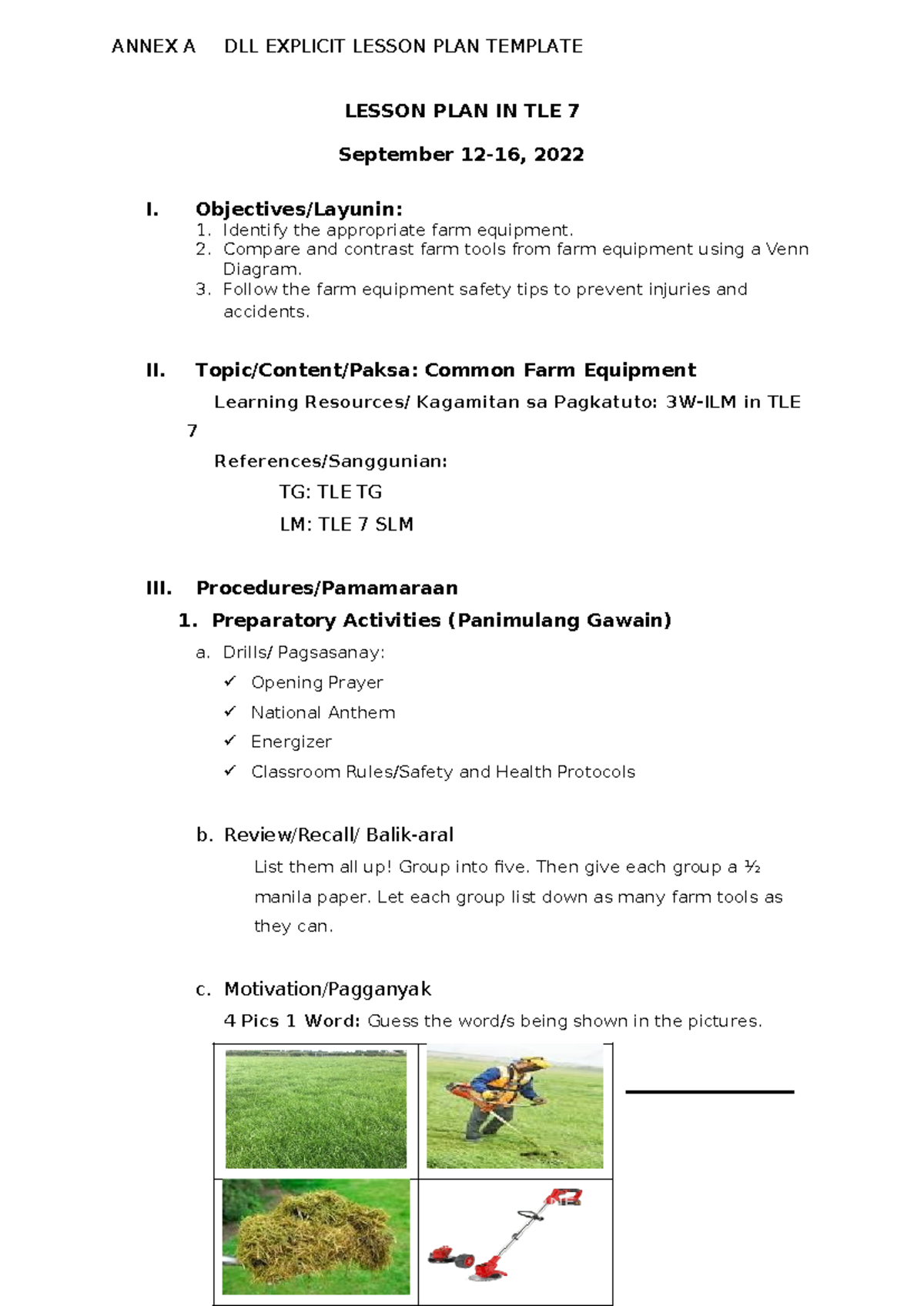 TLE-7 Q1W2 DLL- Explicit- Lesson-PLAN-and-WHLL- Template - ANNEX A DLL ...