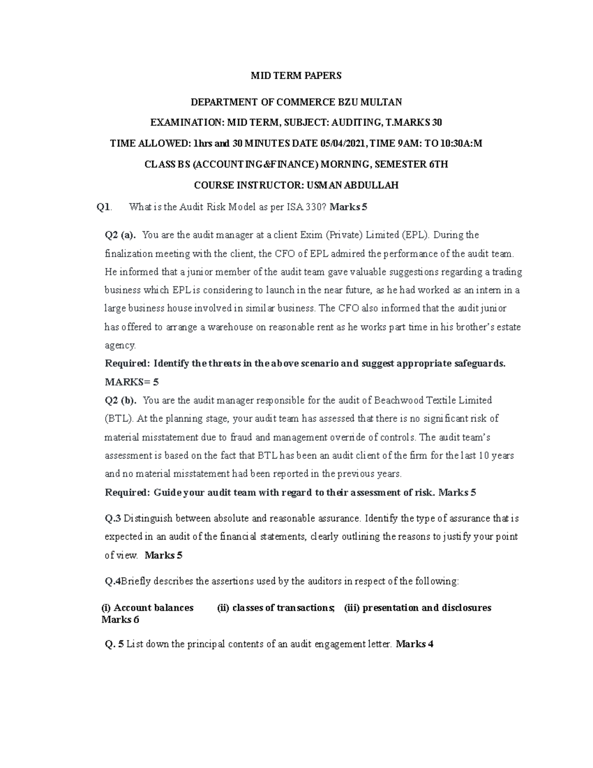 Auditing MID TERM Paper - MID TERM PAPERS DEPARTMENT OF COMMERCE BZU ...