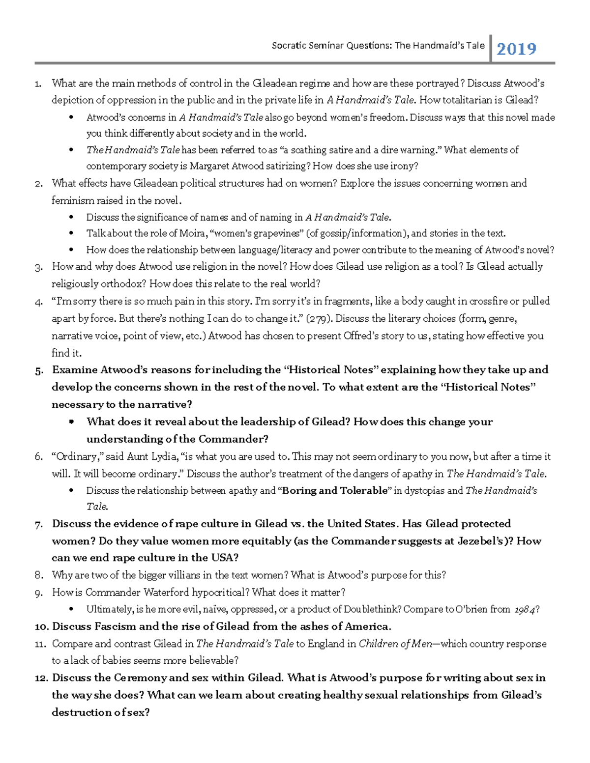 Handmaids Tale discussion questions - Socratic Seminar Questions: The ...