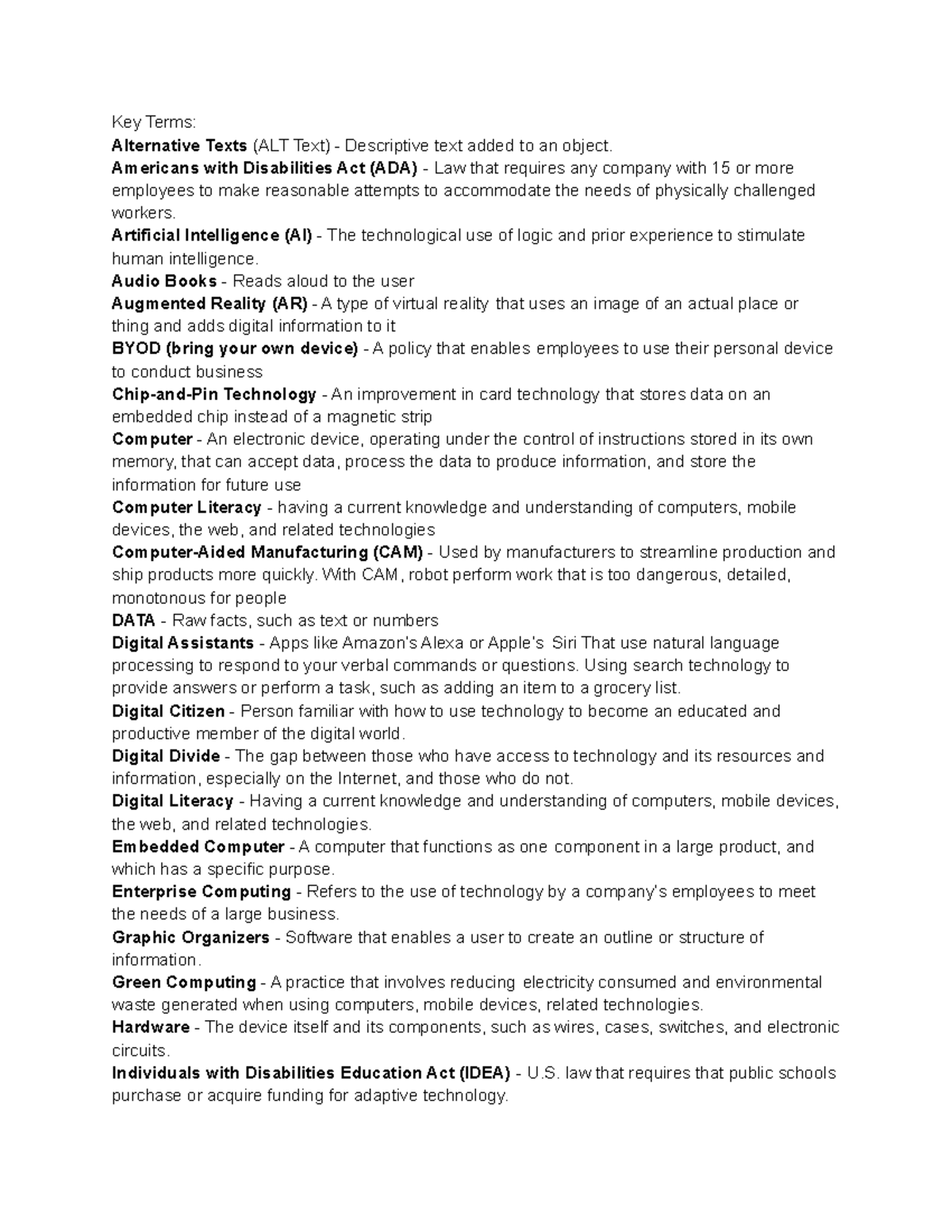 Computer Concepts Module 1 Key Terms Key Terms Alternative Texts Alt Text Descriptive