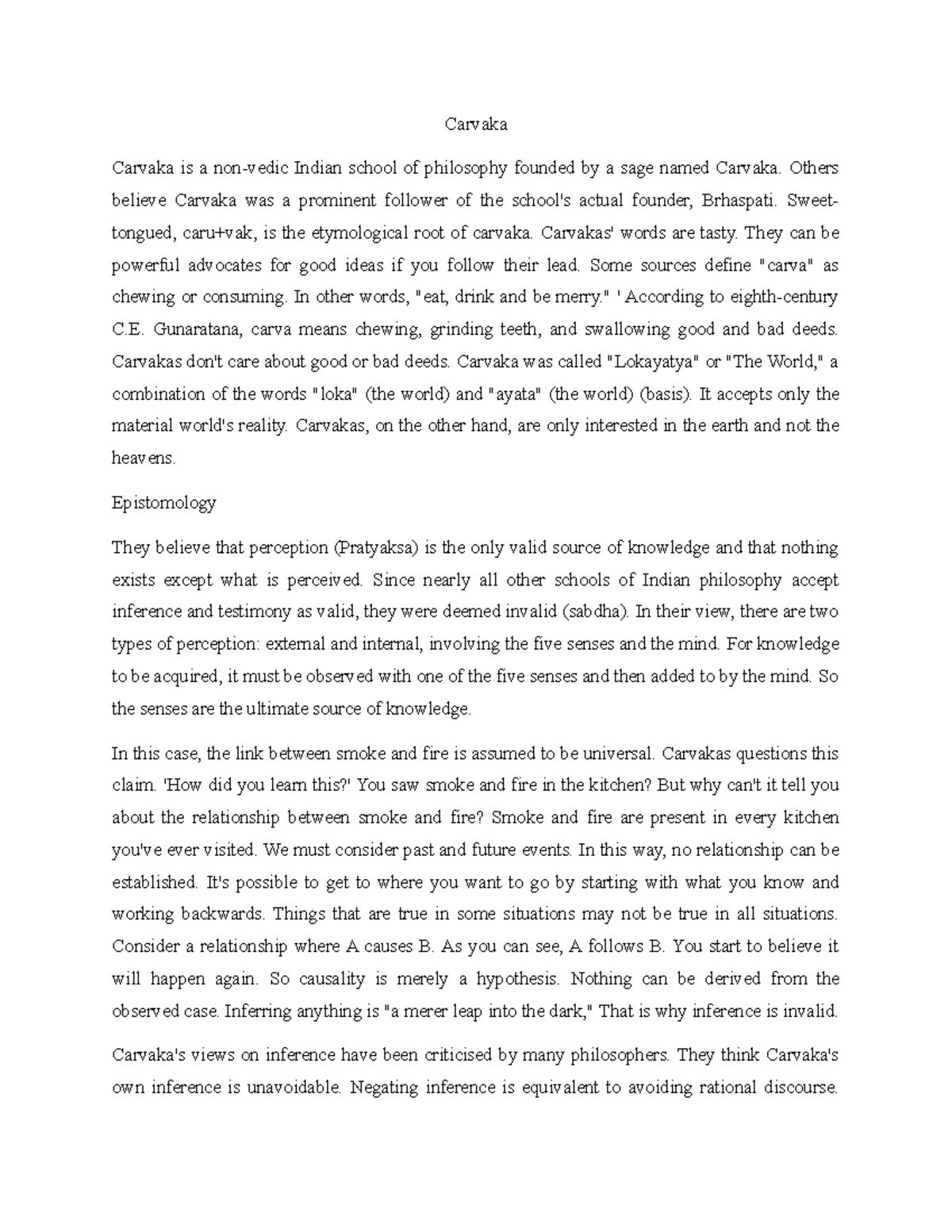 Carvaka - Lecture notes 1 - Carvaka Carvaka is a non-vedic Indian ...