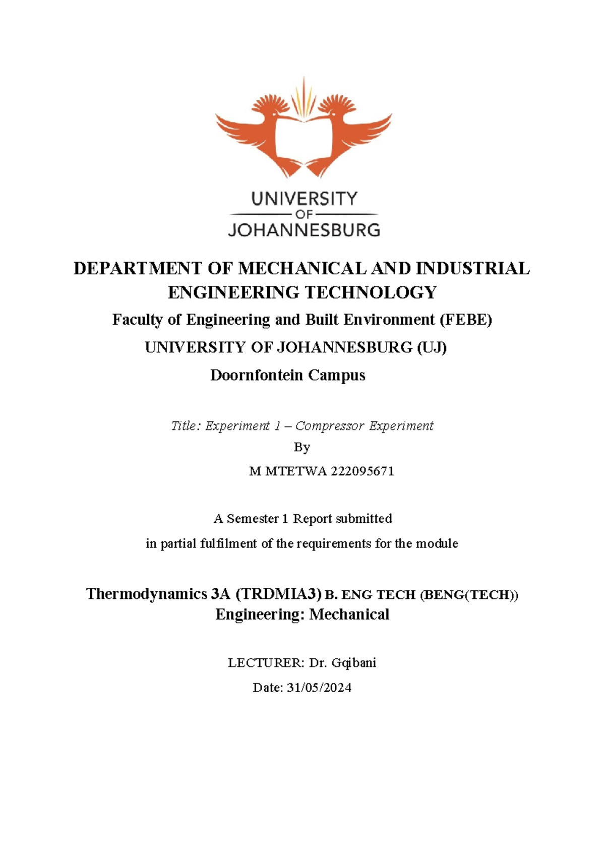 M Mtetwa 222095671 Thermodynamics 3A Compressor LAB Report ...