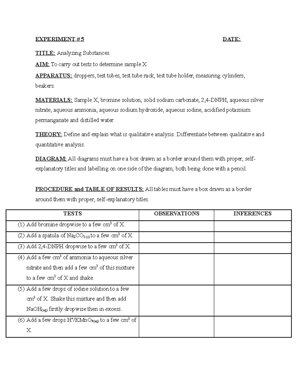 Laboratory specifications for Experiment Number 5 Analyzing a Substance ...