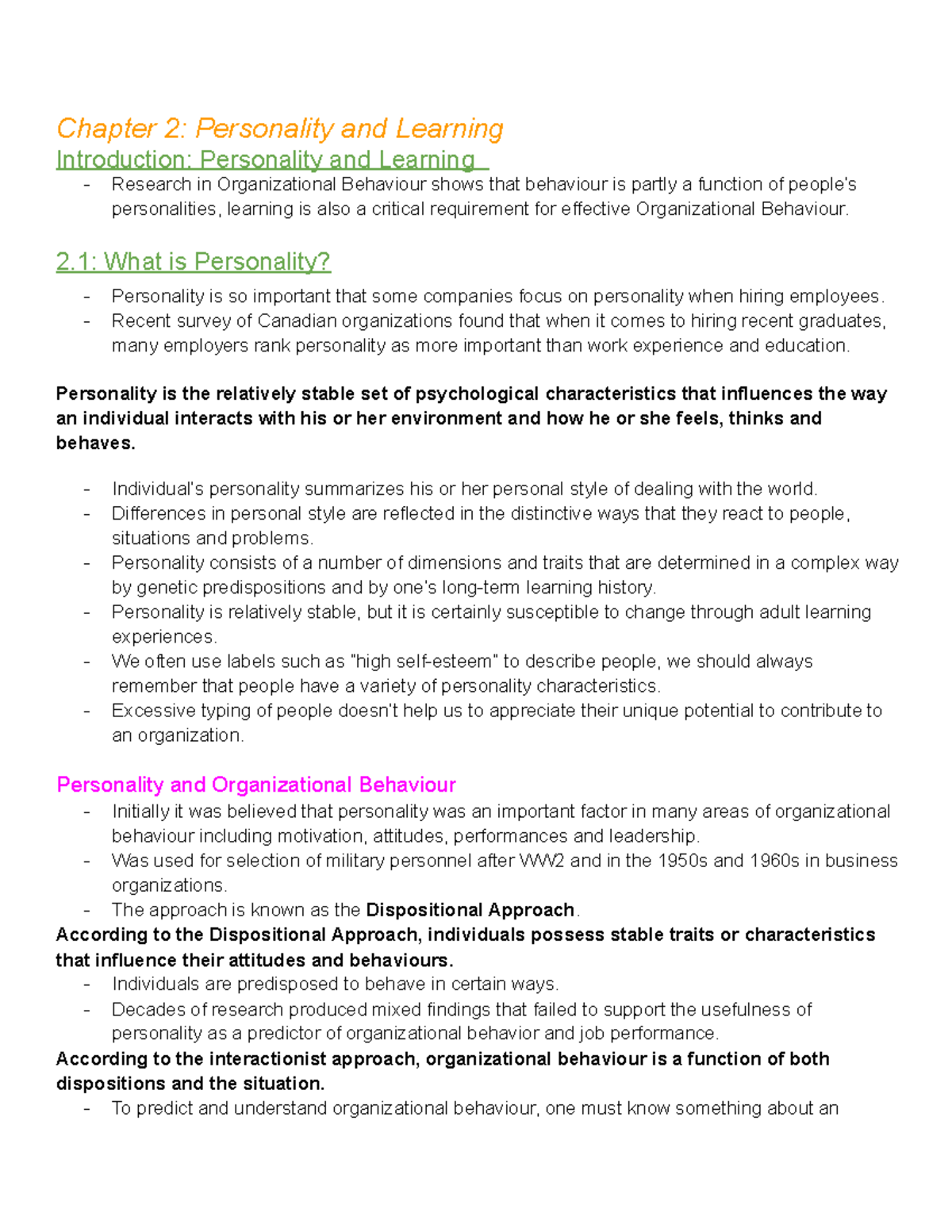 Chapter 2 Notes - Chapter 2: Personality and Learning Introduction ...