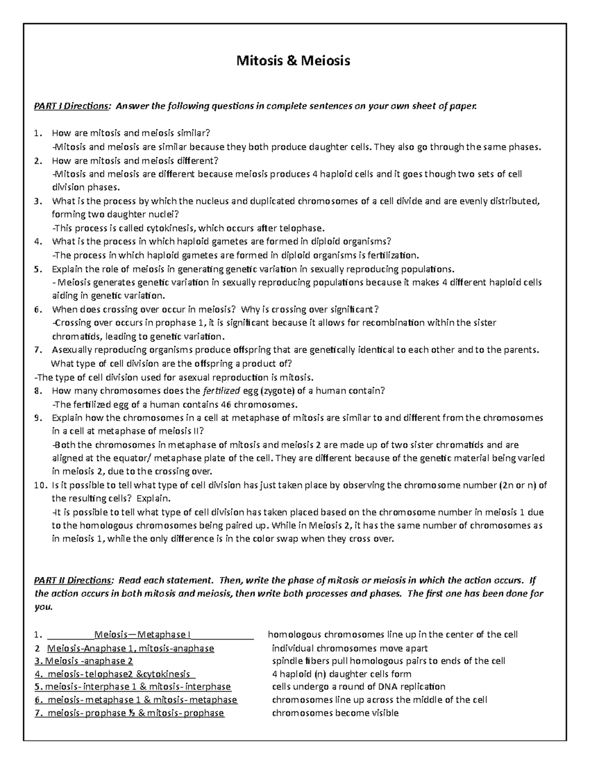 Mitosis and Meiosis-AP Biology p3 - Mitosis & Meiosis PART I Directions ...