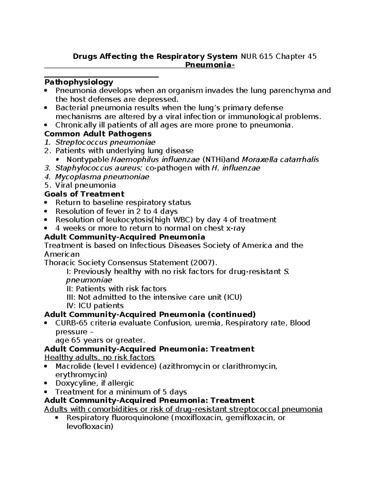 Note pneumonia - Drugs Affecting the Respiratory System NUR 615 Chapter ...