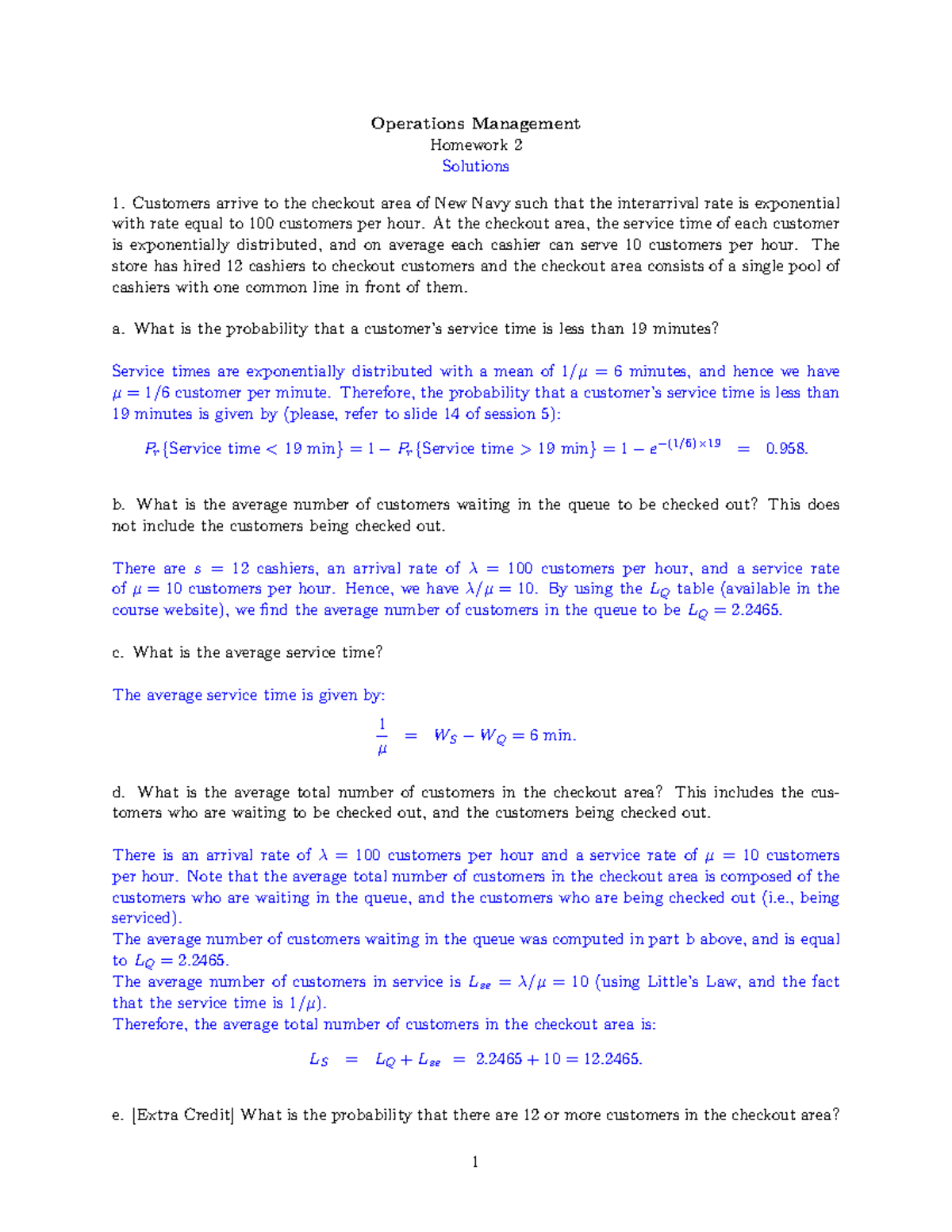 HW2Solutions for operation management class - Operations Management ...