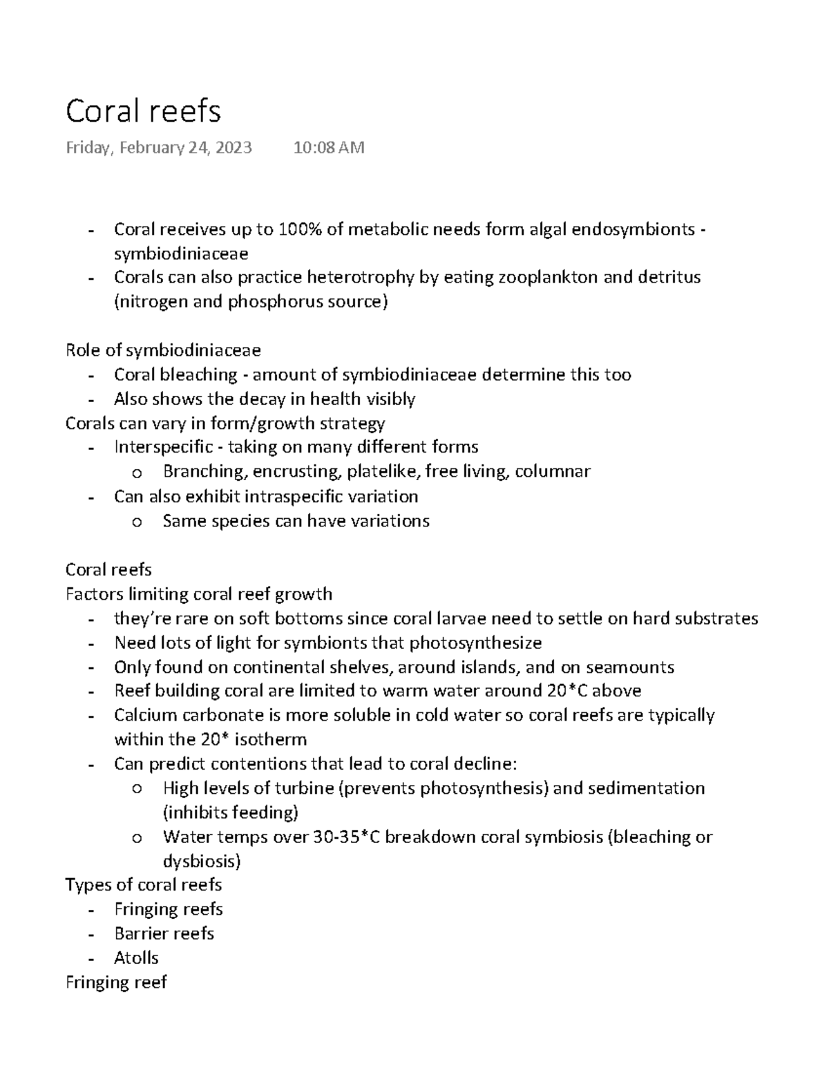 Coral reefs - Professor Bove lecture notes for Exam 2 - Coral receives ...