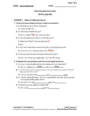 UNIT 10 Extra Gram Exercise kevin - Extra Grammar Exercises (Unit 10, page 112) LESSON 1 ...