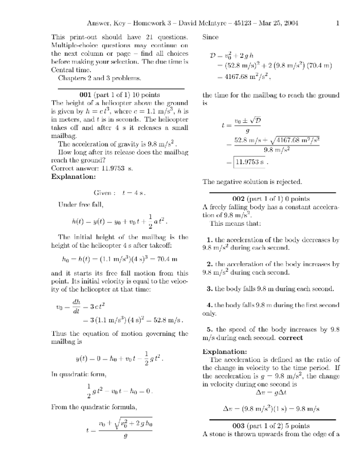 2-D Kinematics Quest HW - Answer, Key Homework 3 David McIntyre 45123 ...