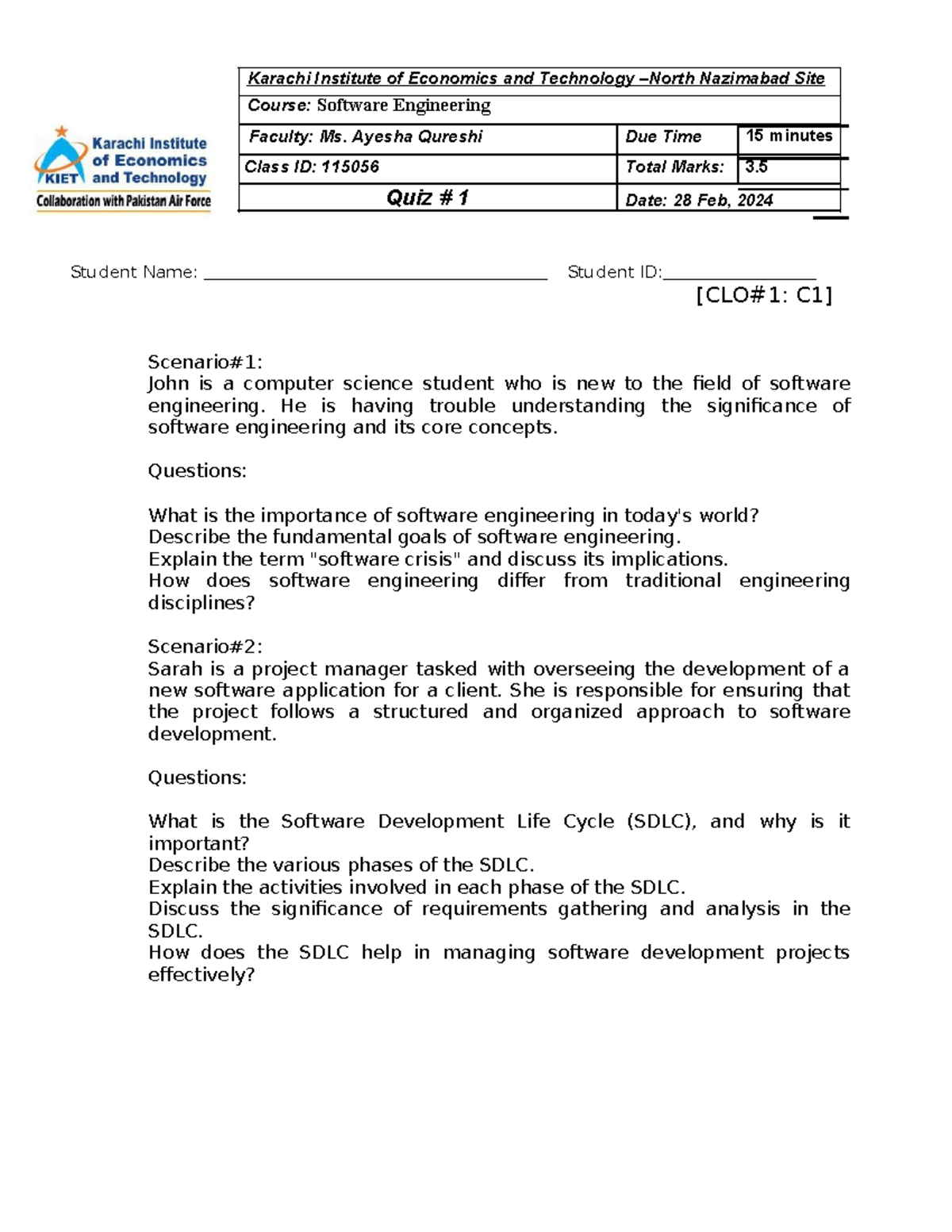 SE Quiz 1 - notessssssssssssssssssssssss - Student Name: Student ID ...